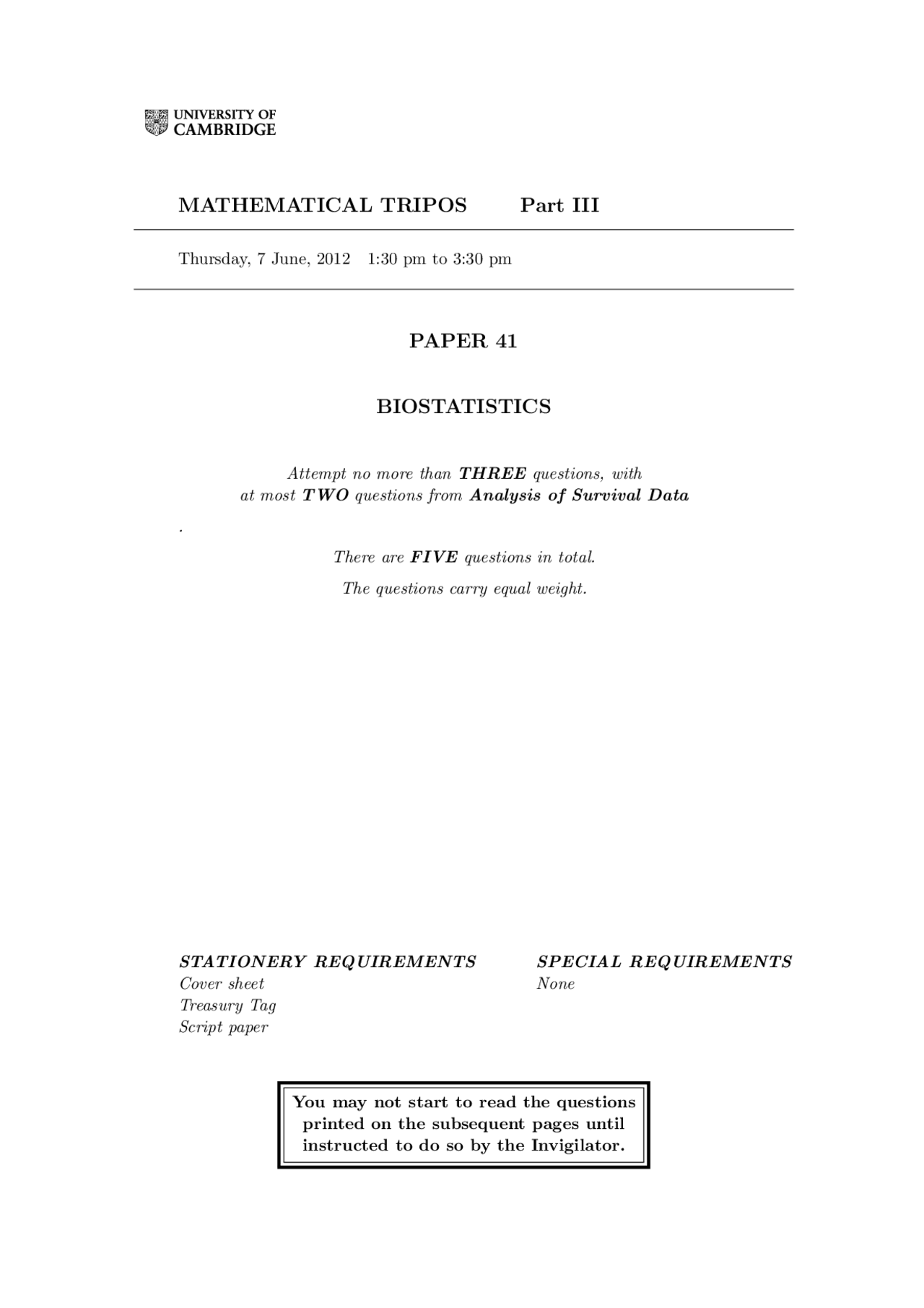 Biostatistics Mathematical Tripos Paper Docsity