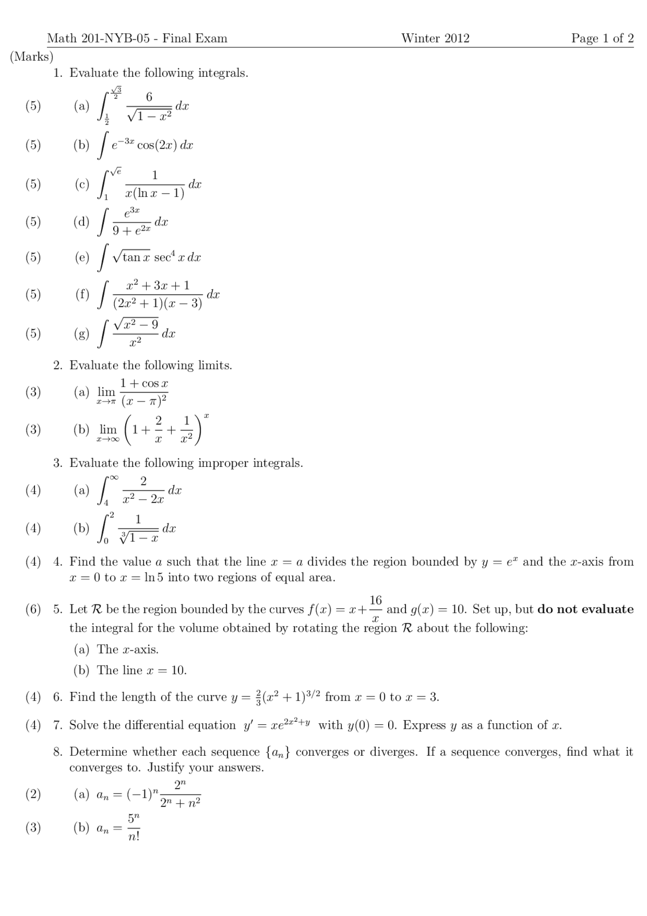 Two Regions - Calculus Science - Exam - Docsity