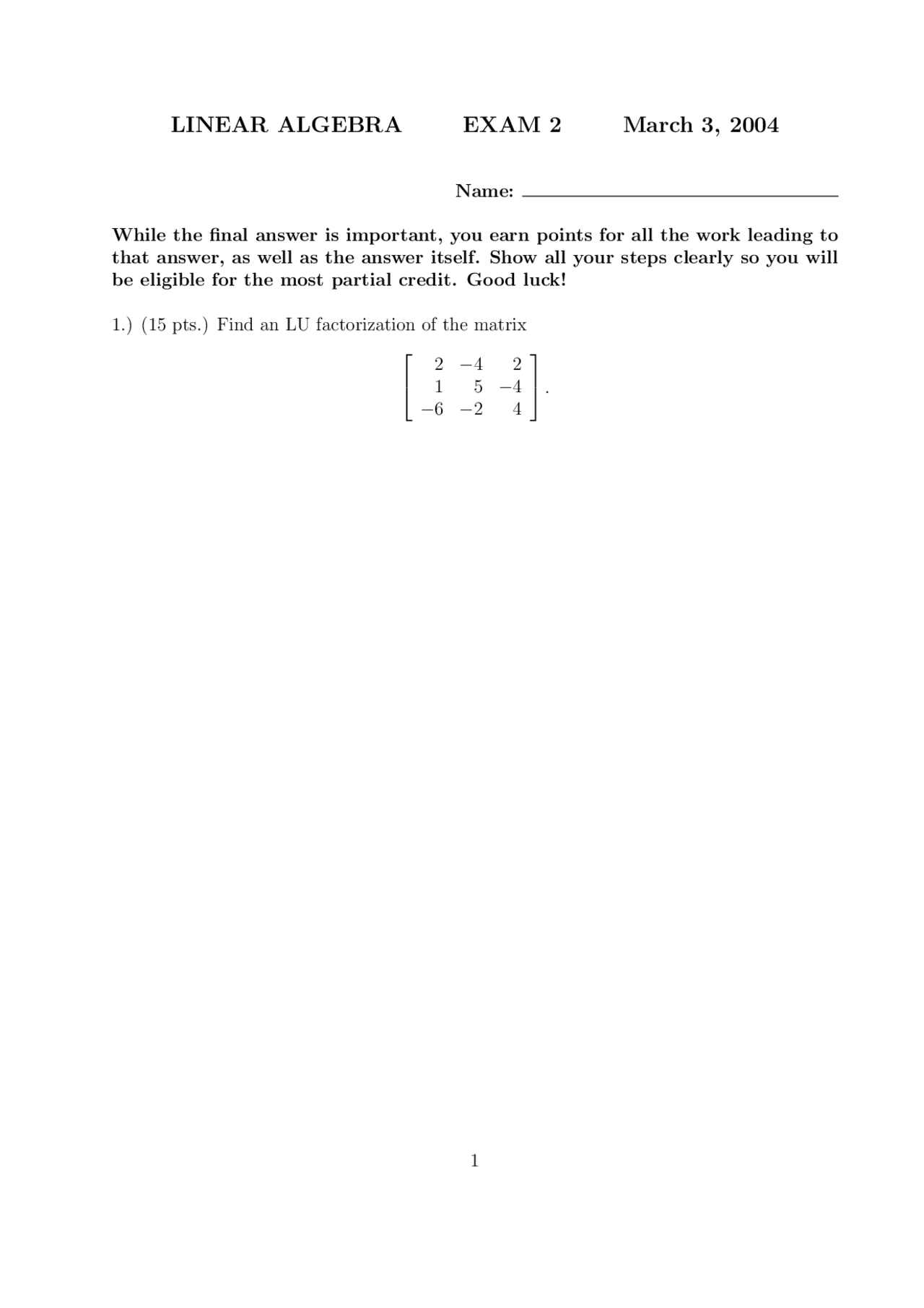 Factorization Of Matrix Linear Algebra Exam Docsity