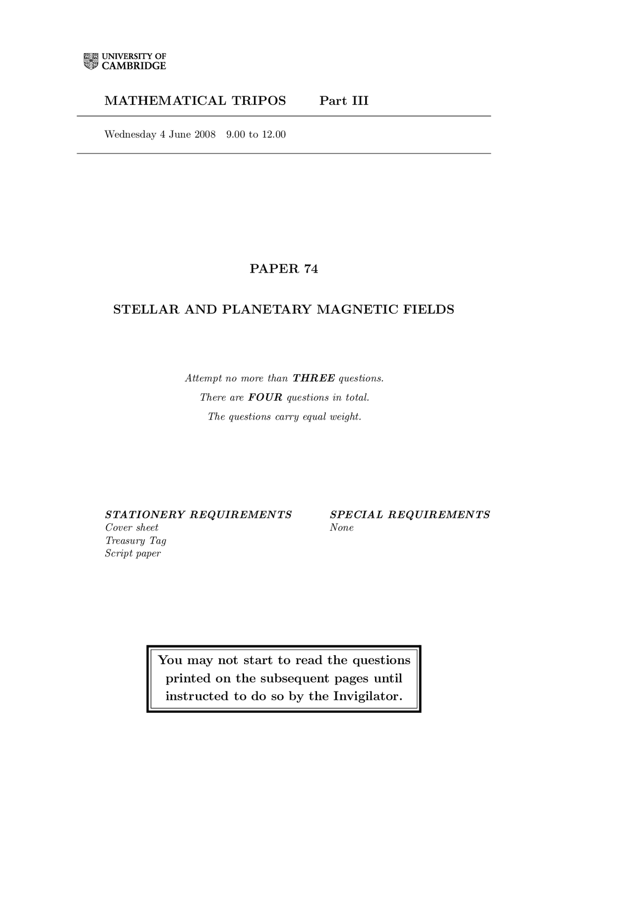 Stellar And Planetary Magnetic Fields Mathematical Tripos Old Exam
