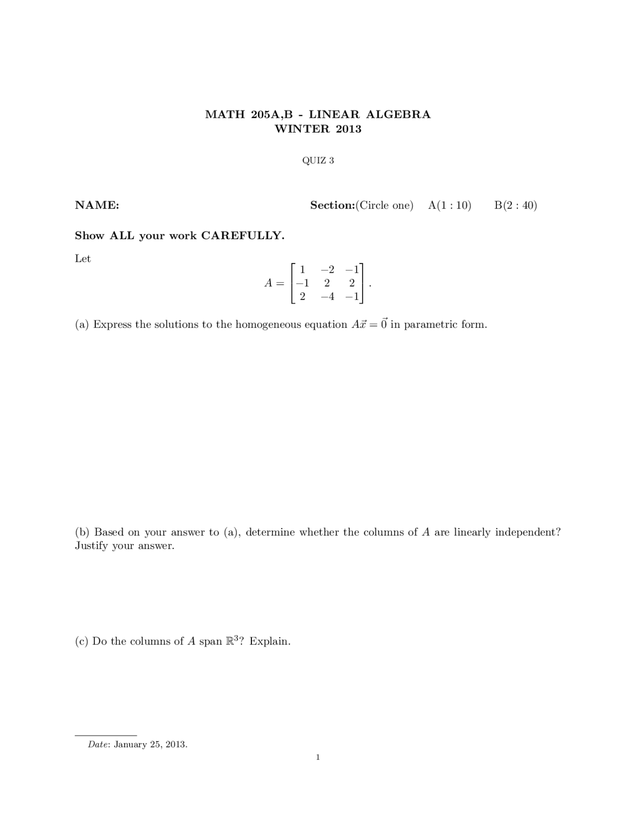 Homogeneous Equation Linear Algebra Quiz Docsity