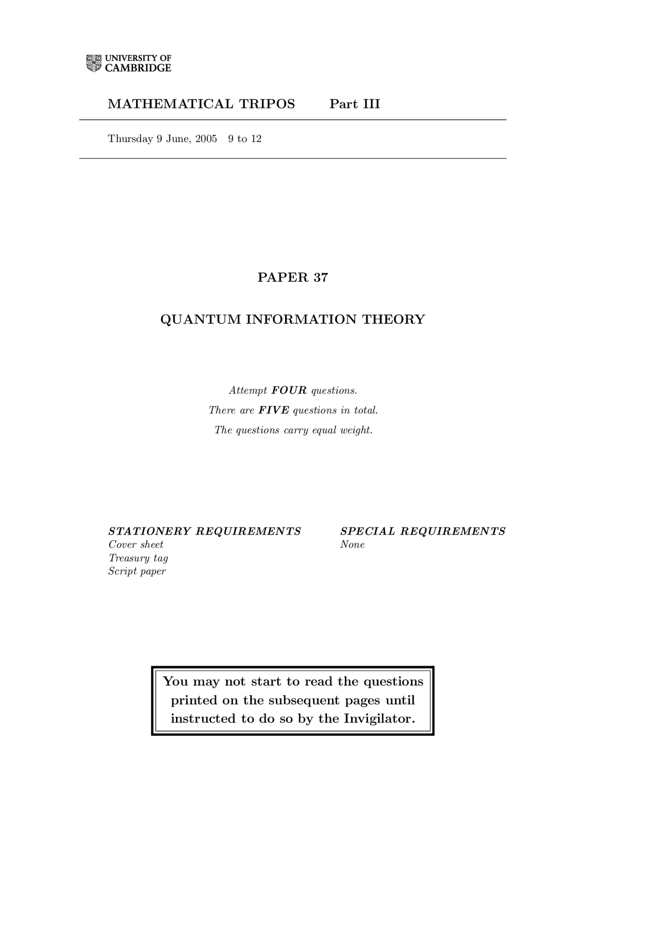 Quantum Information Theory Mathematical Tripos Past Exam Docsity