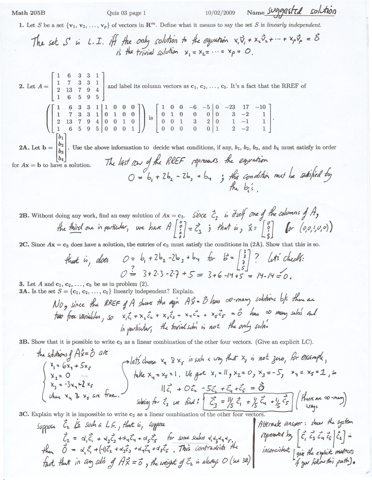 Satisfy Linear Algebra Quiz Solution Docsity