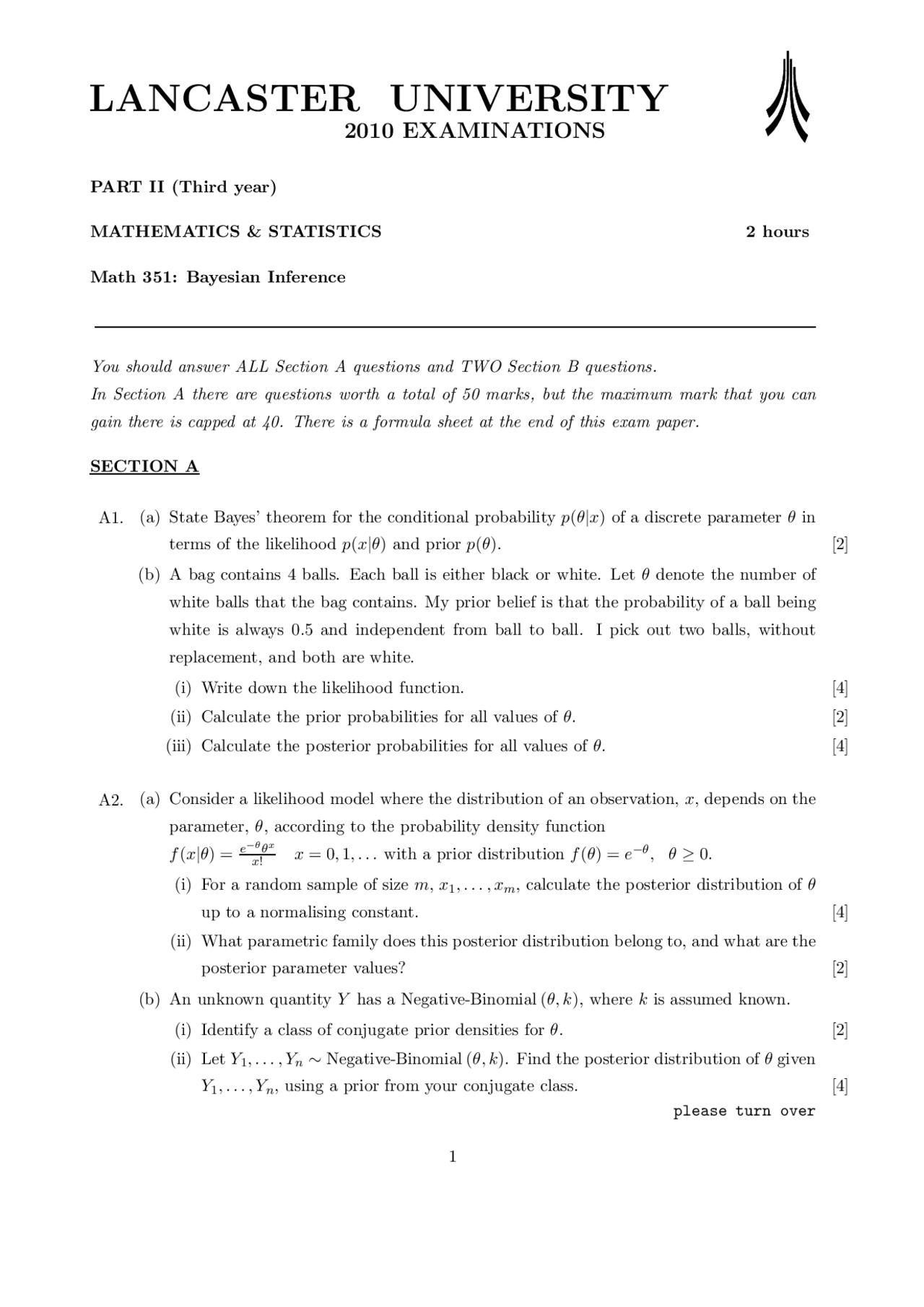 Likelihood Bayesian Inference Exam Docsity