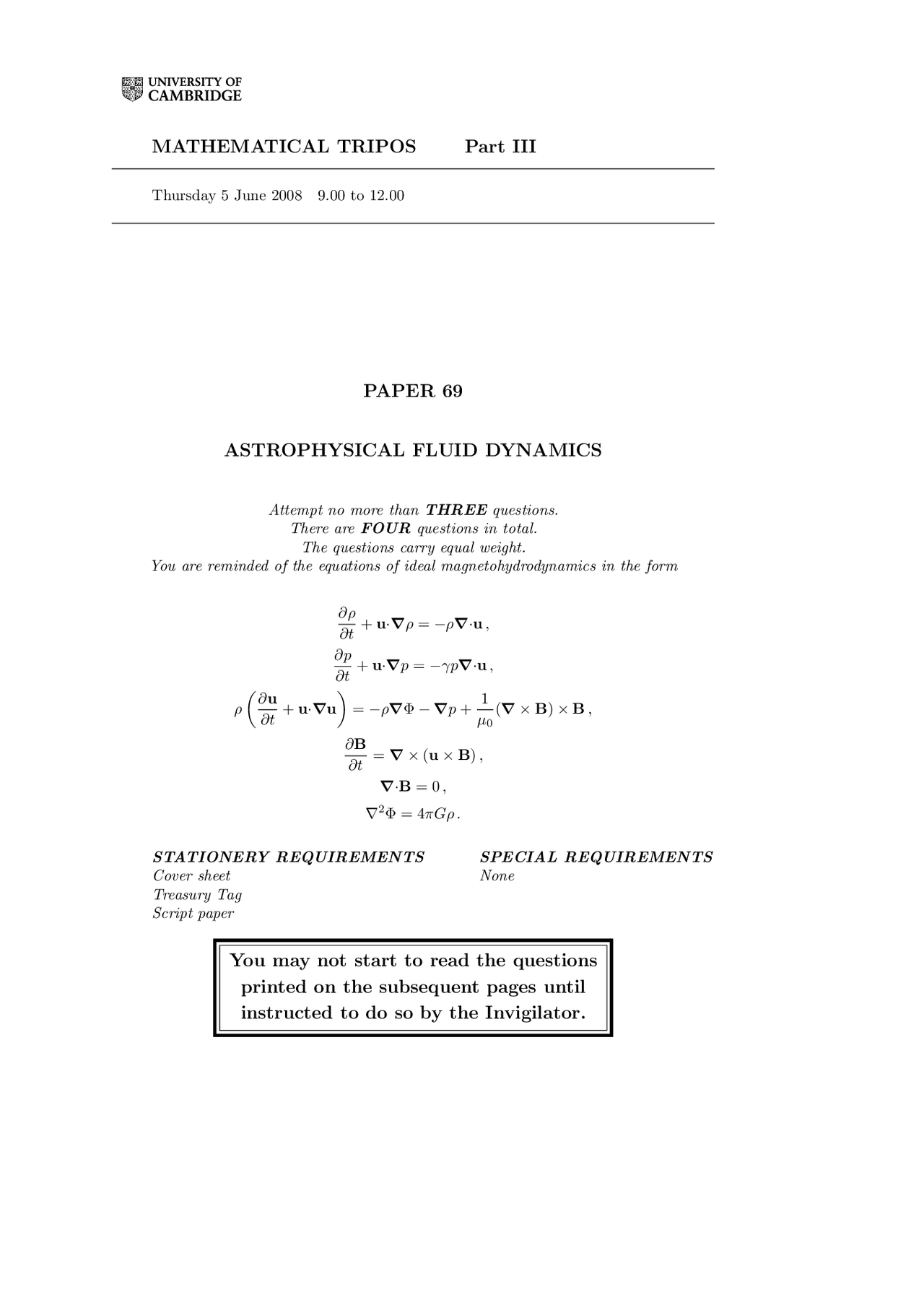 Astrophysical Fluid Dynamics - Mathematical Tripos - Old Exam Paper | Exams Mathematics | Docsity