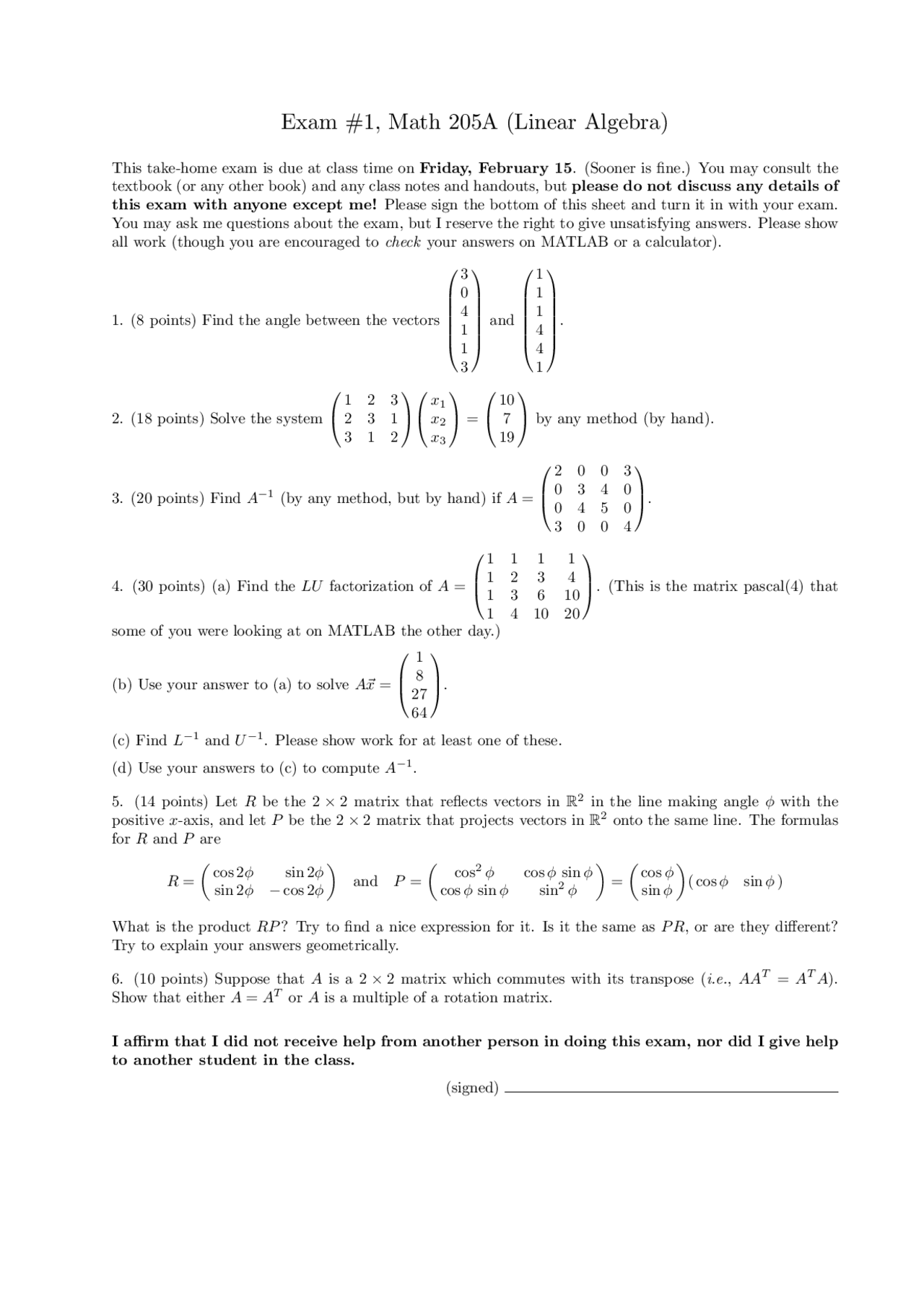 Vectors Linear Algebra Exam Docsity