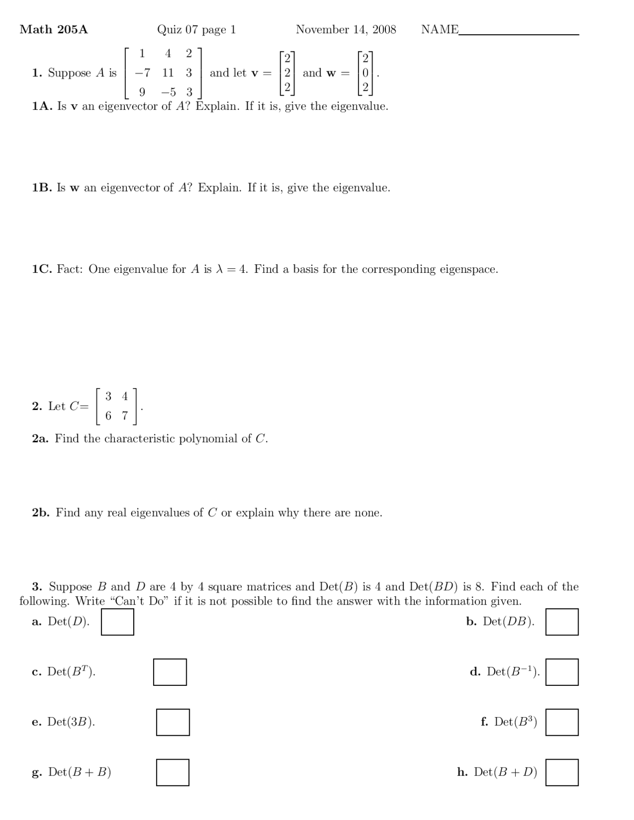 Eigenvector Linear Algebra Quiz Docsity