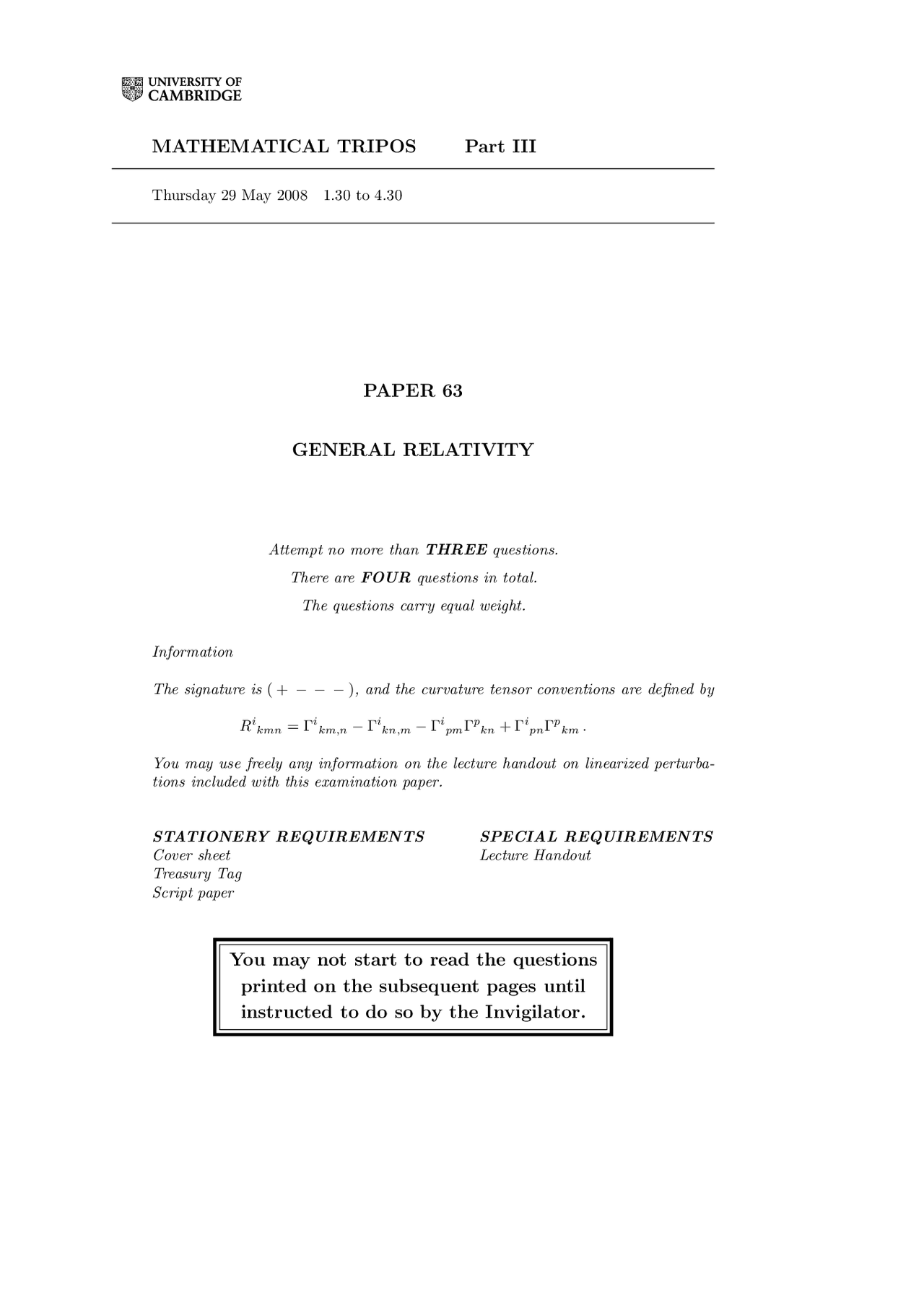 General Relativity Mathematical Tripos Old Exam Paper Docsity