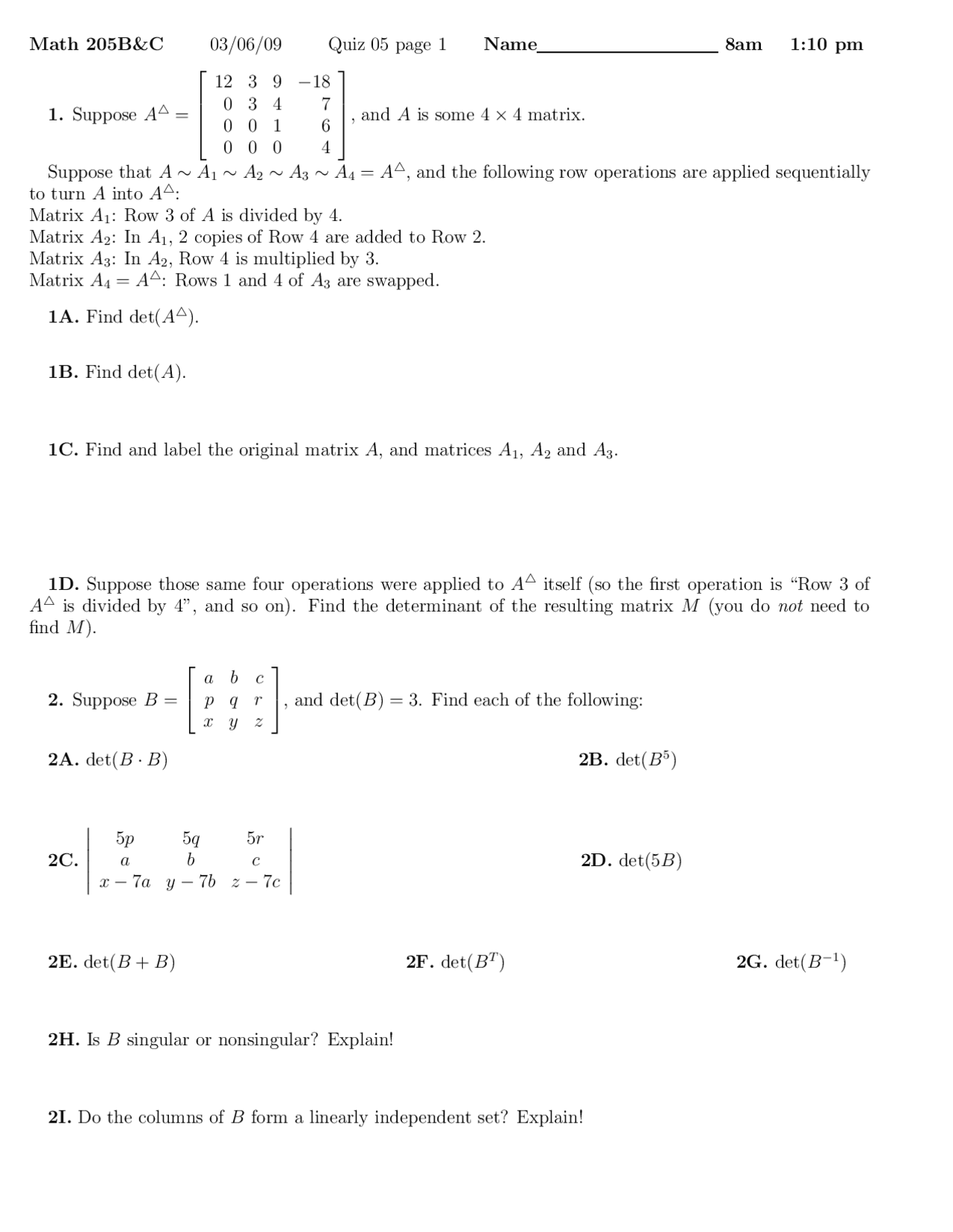Swapped - Linear Algebra - Quiz - Docsity