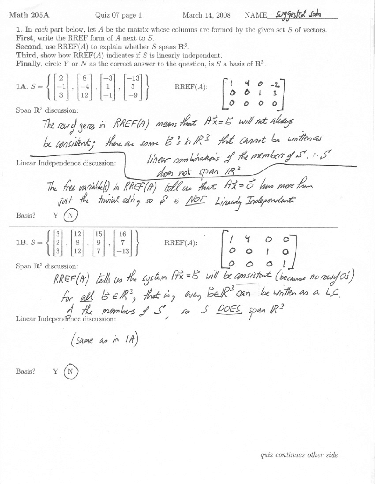 Circle Linear Algebra Quiz Solution Docsity