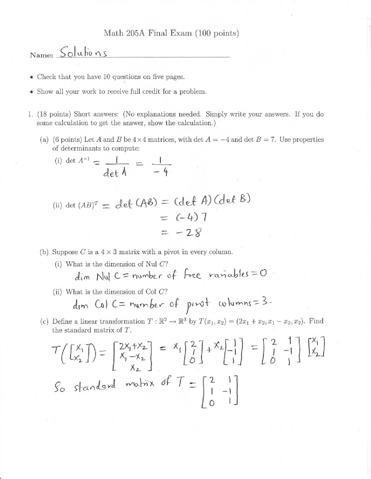 Properties Linear Algebra Solved Exam Docsity