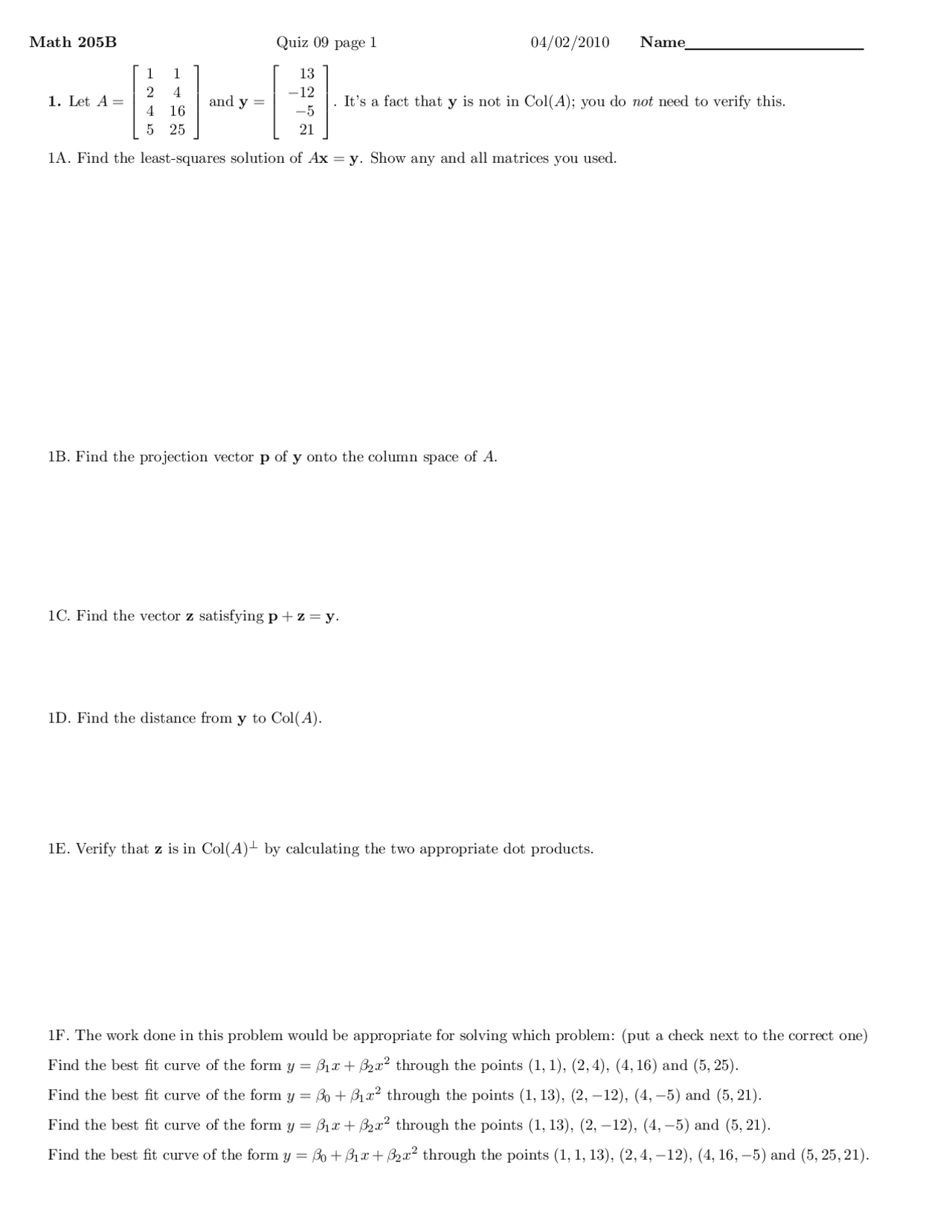 Least Squares Solution Linear Algebra Quiz Docsity