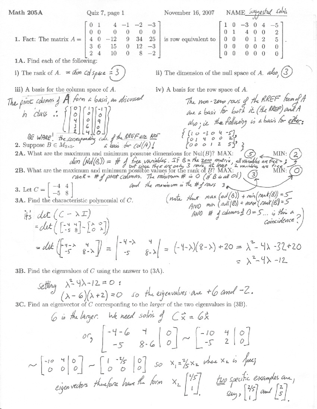 Column Space Linear Algebra Quiz Solution Docsity