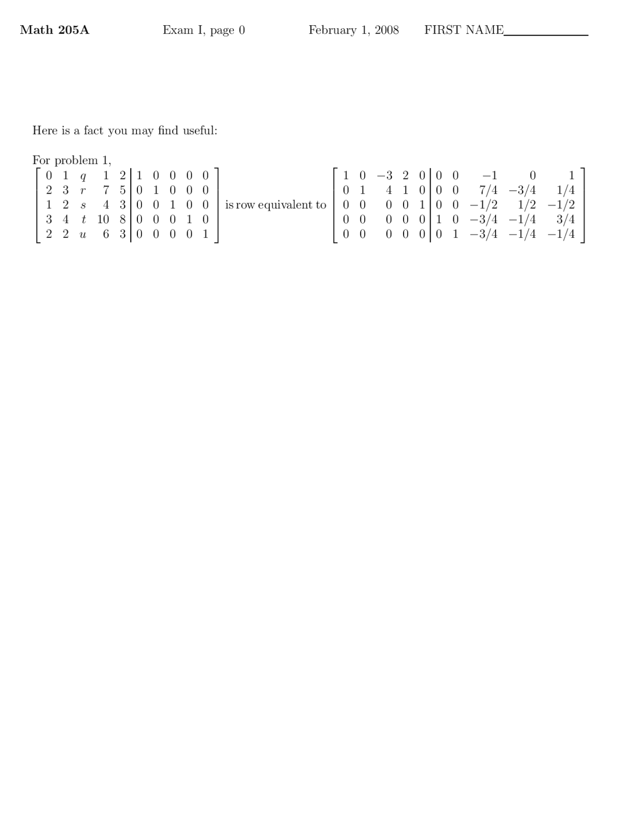 Row Equivalent Linear Algebra Exam Docsity