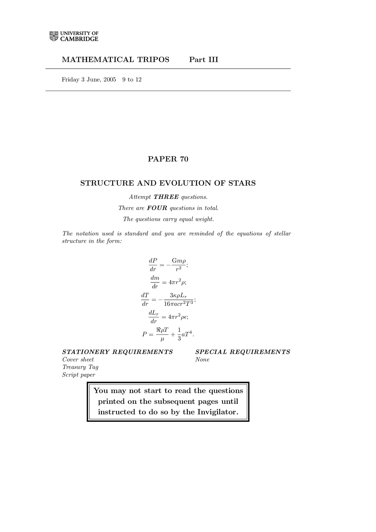 Structure And Evolution Of Stars Mathematical Tripos Past Exam