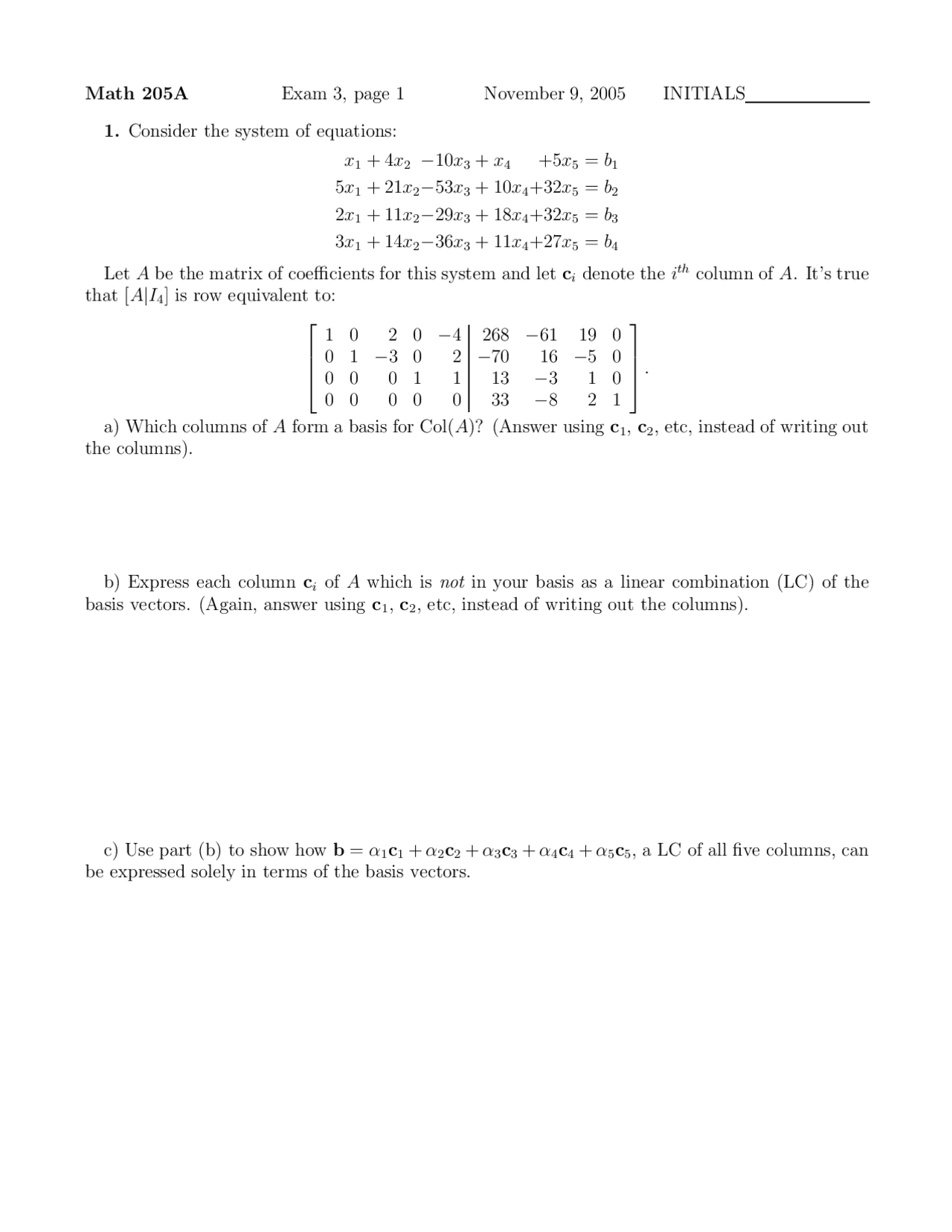 Matrix Of Coefficients Linear Algebra Exam Docsity