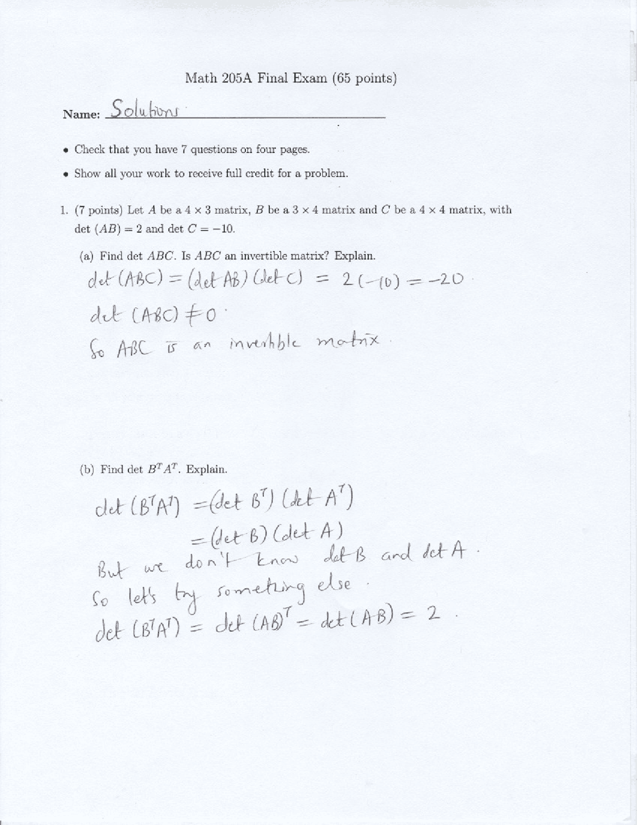 Invertible Matrix - Linear Algebra - Solved Exam | Exams Linear Algebra ...