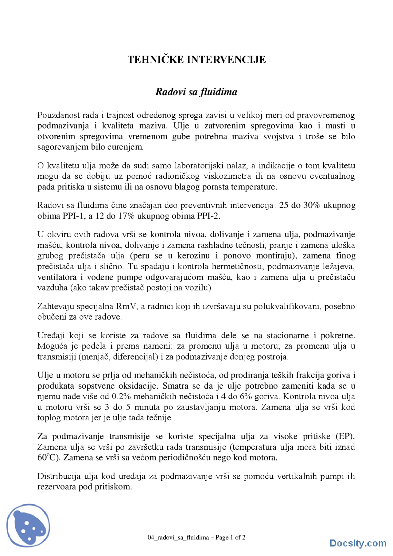 Radovi Sa Fluidima Skripte Saobracajni Fakultet Rezime Predlog