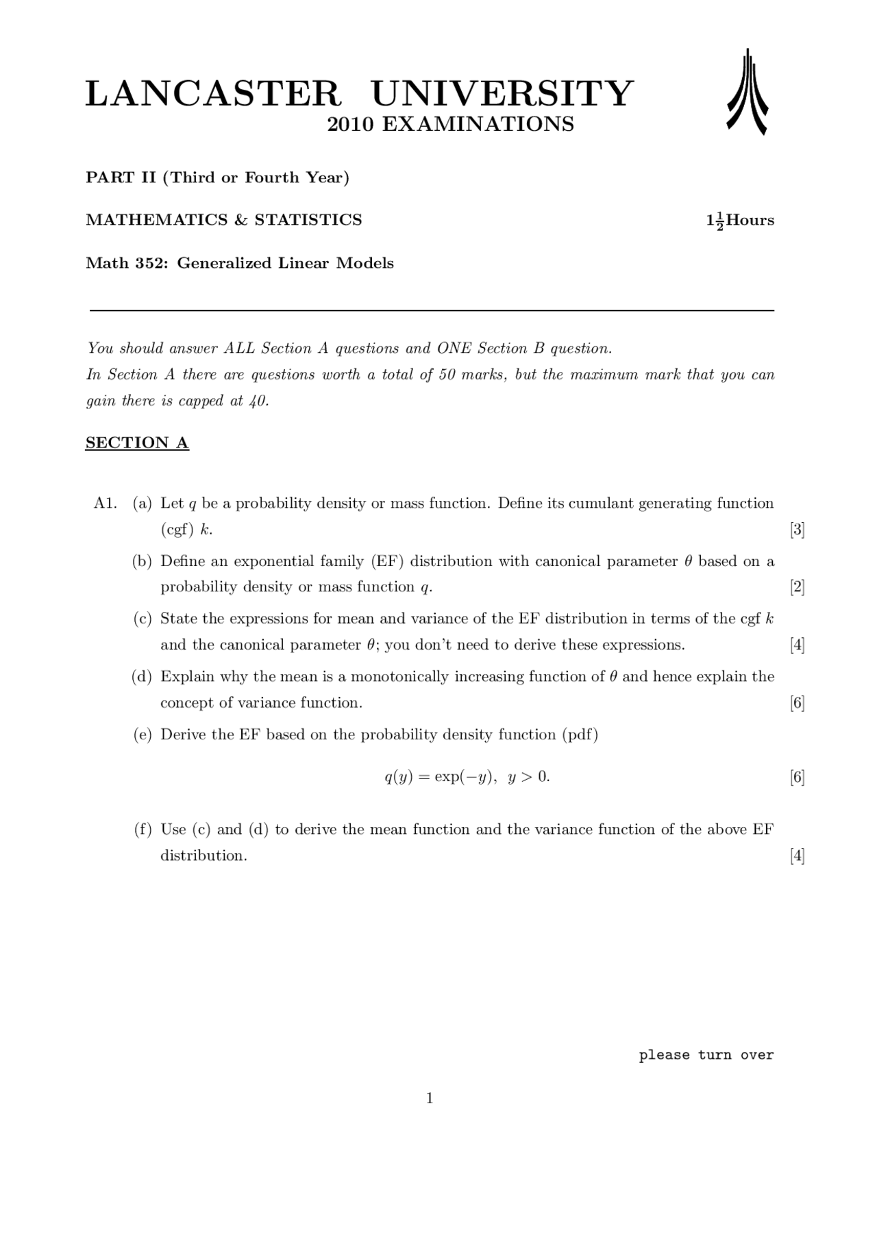 Probability Density - Generalised Linear Models - Exam - Docsity