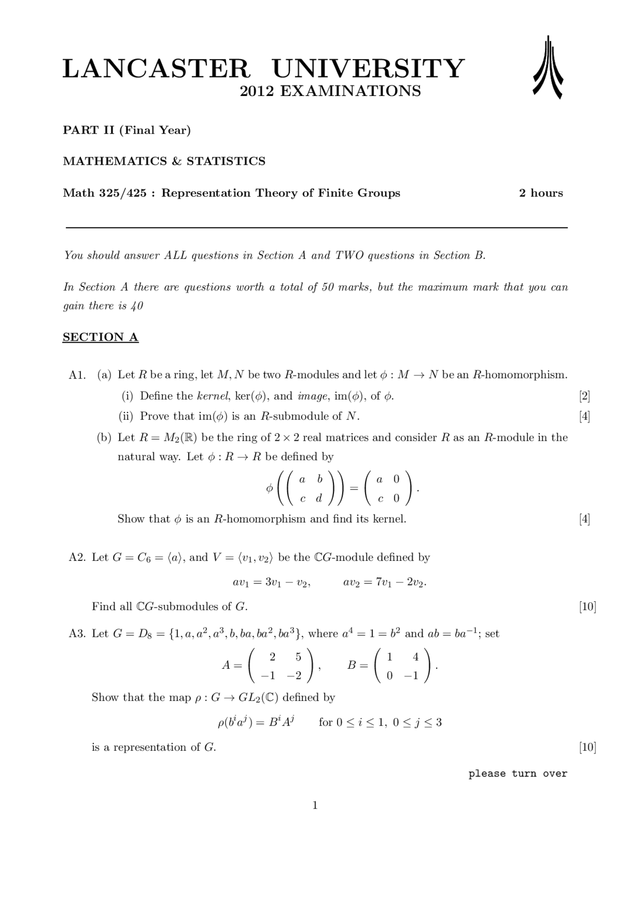 Modules Representation Theory Exam Docsity