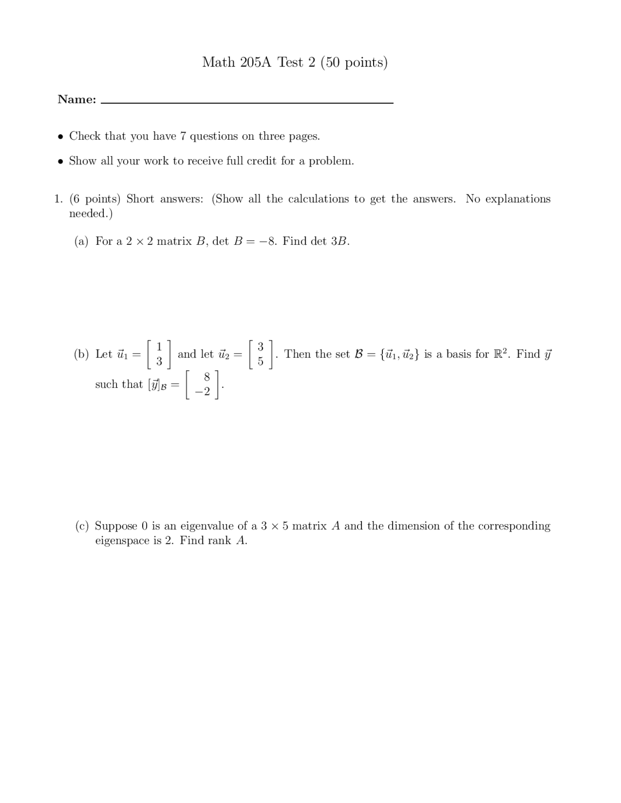 Calculations Linear Algebra Exam Docsity