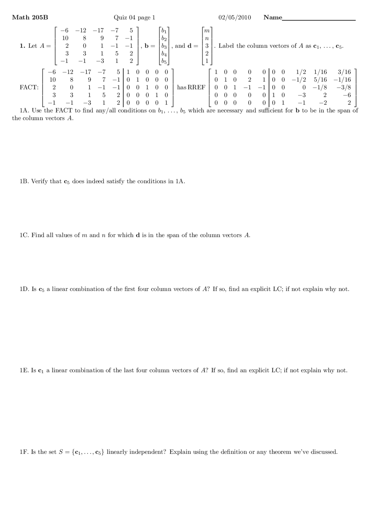 Conditions Linear Algebra Quiz Docsity