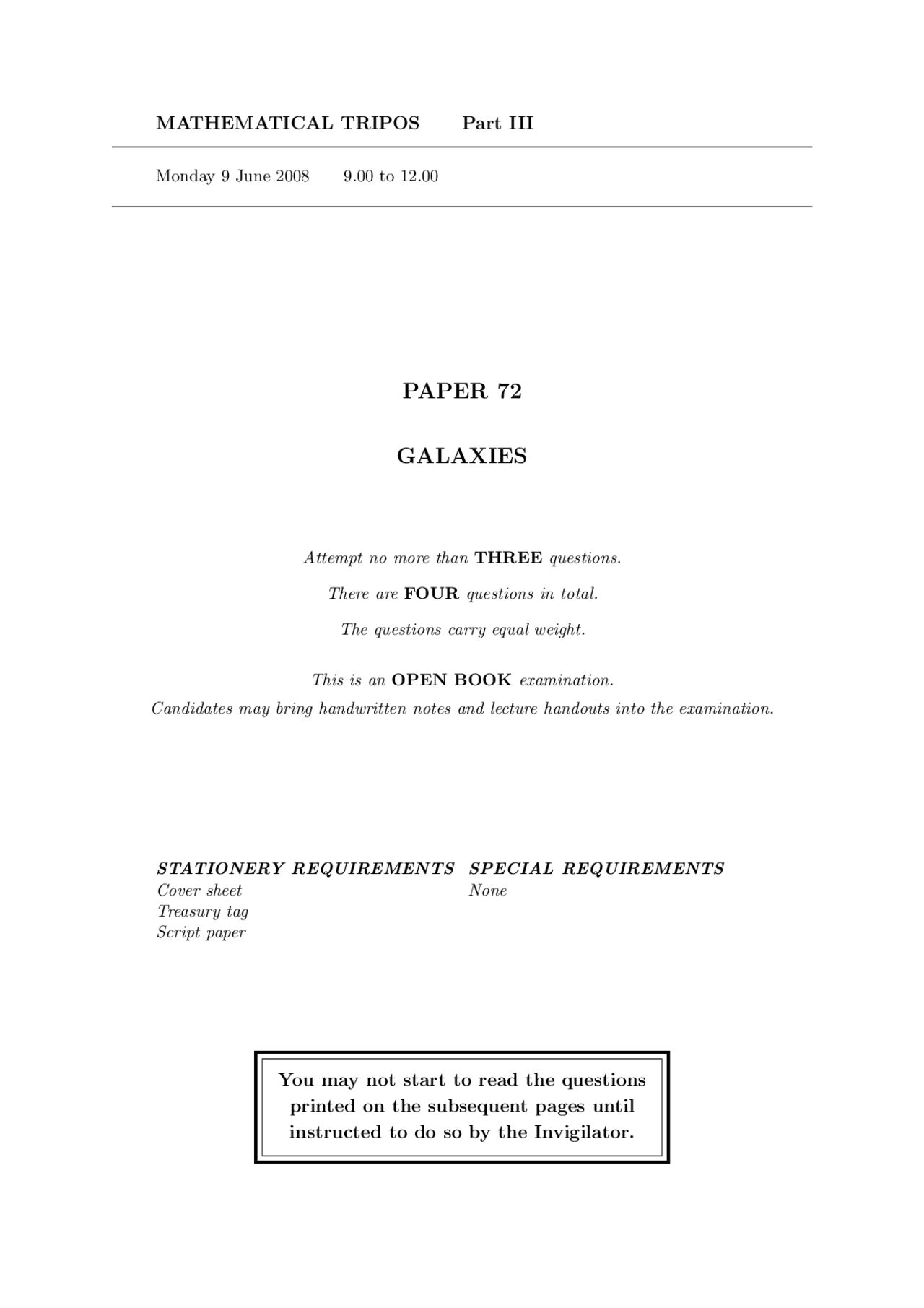 Galaxies - Mathematical Tripos - Old Exam Paper - Docsity