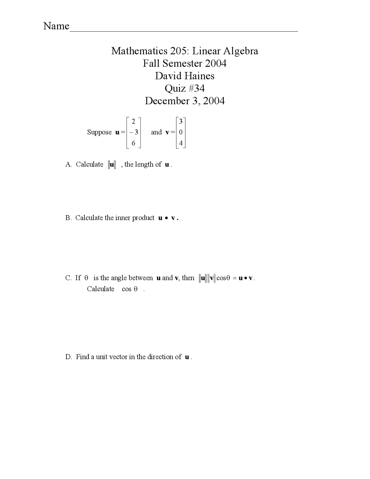 Length - Linear Algebra - Quiz - Docsity