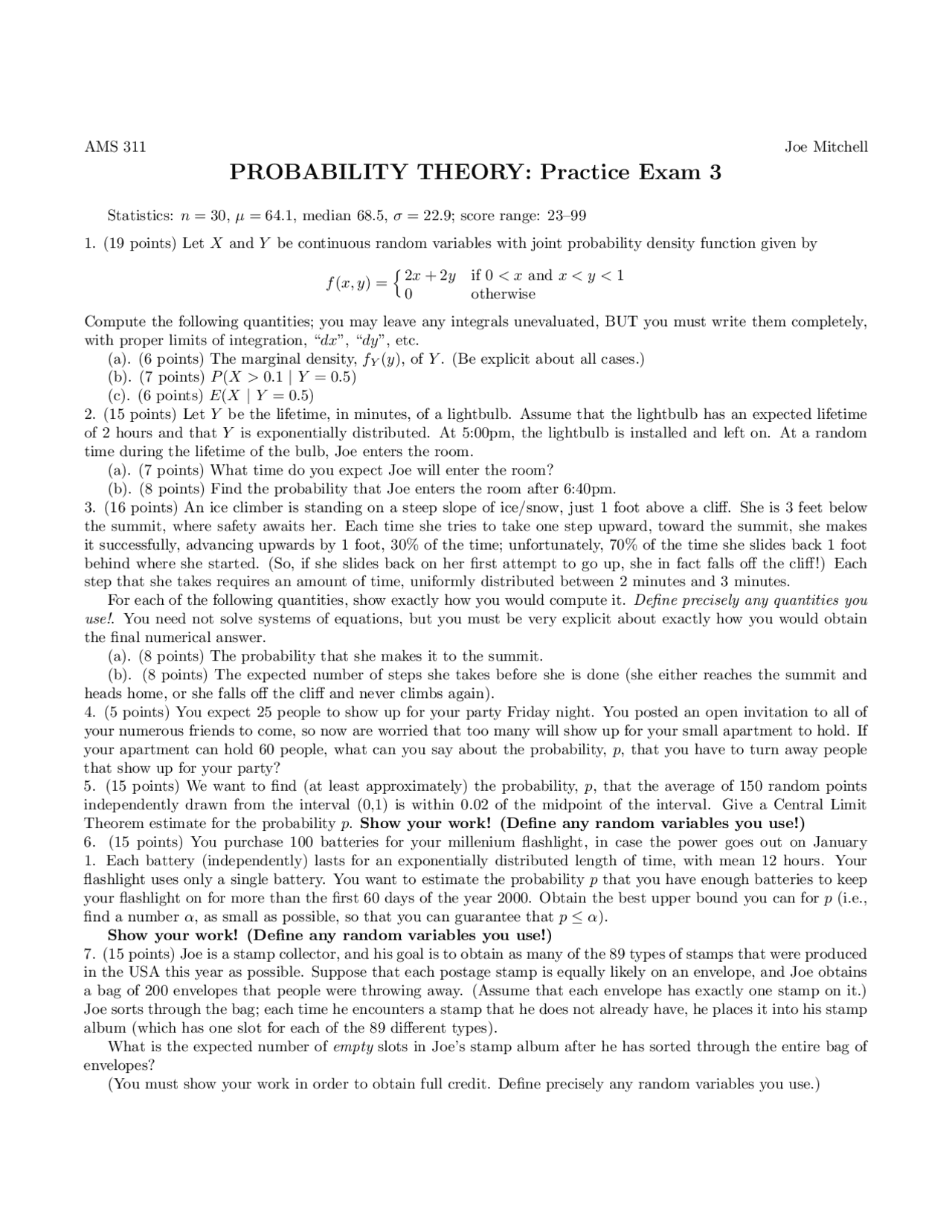 Continuous Random Variables - Probability Theory - Exam - Docsity