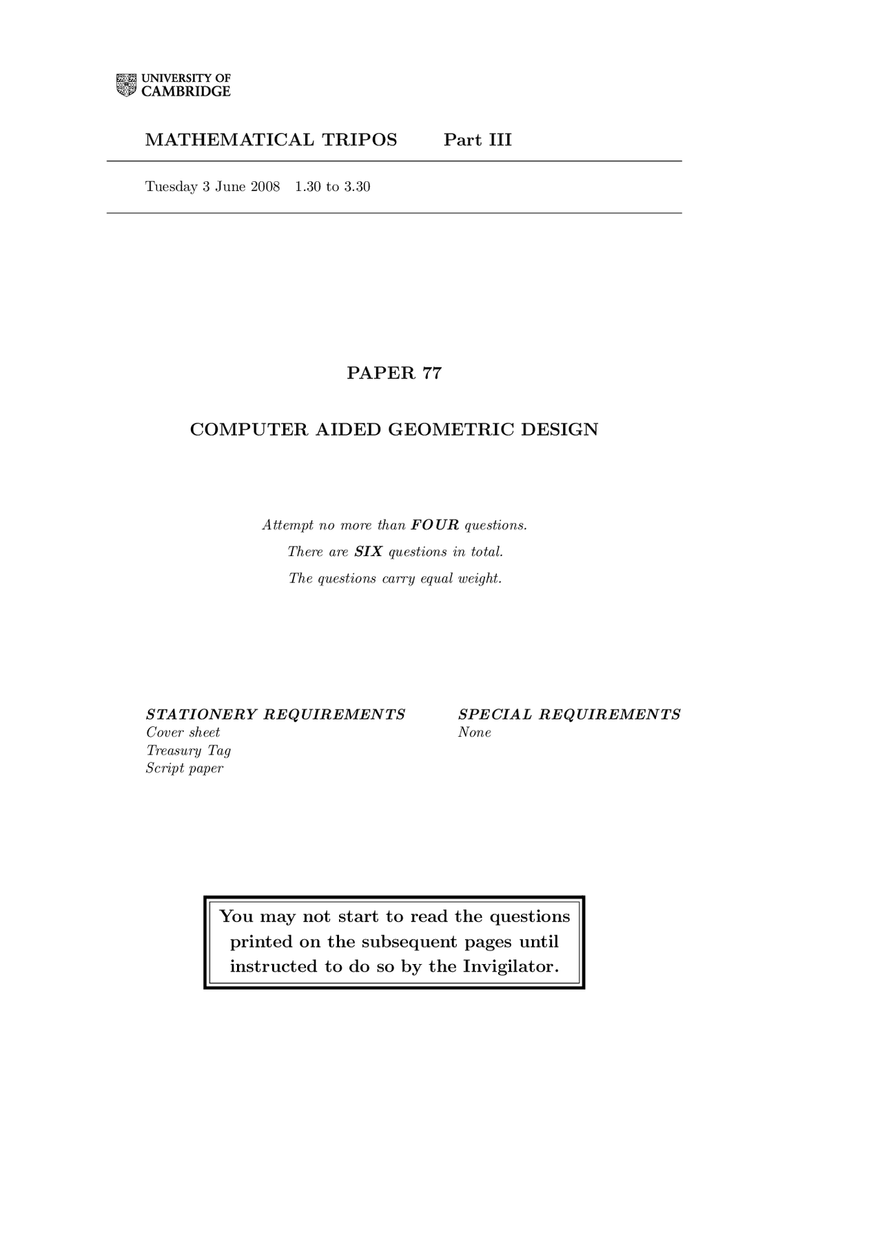 Computer Aided Geometric Design - Mathematical Tripos - Old Exam Paper - Docsity