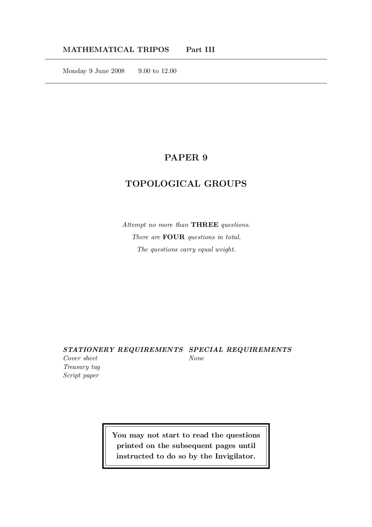 Topological Groups Mathematical Tripos Old Exam Paper Docsity
