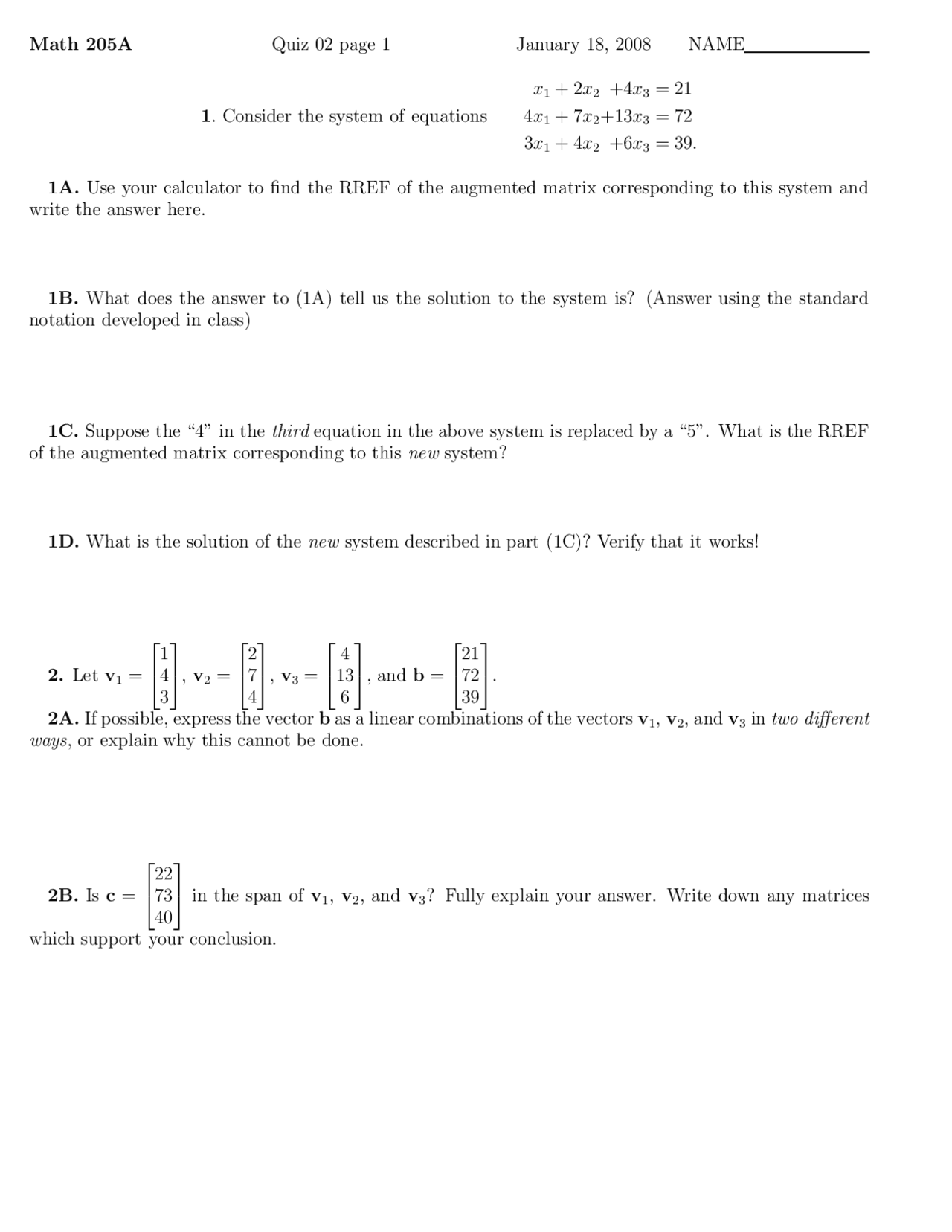 Solution Linear Algebra Quiz Exercises Linear Algebra Docsity