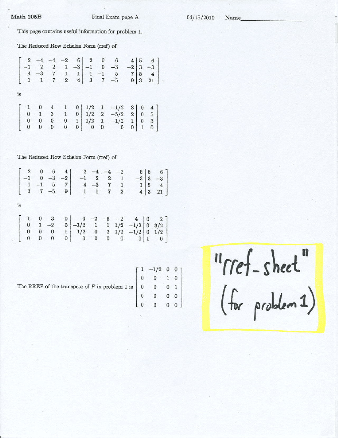 Reduced Row Echelon - Linear Algebra - Solved Exam - Docsity