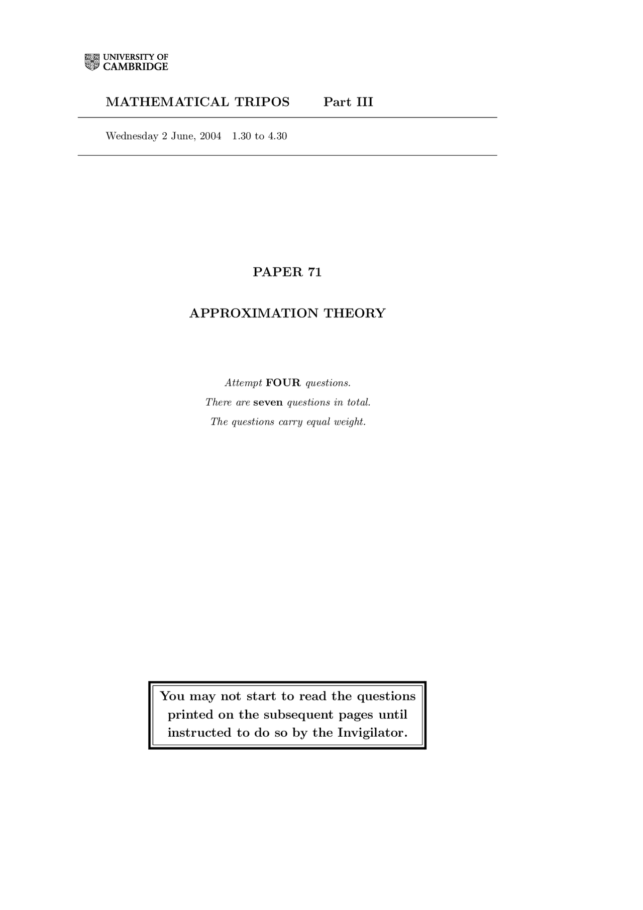 Approximation Theory Mathematical Tripos Old Exam Docsity