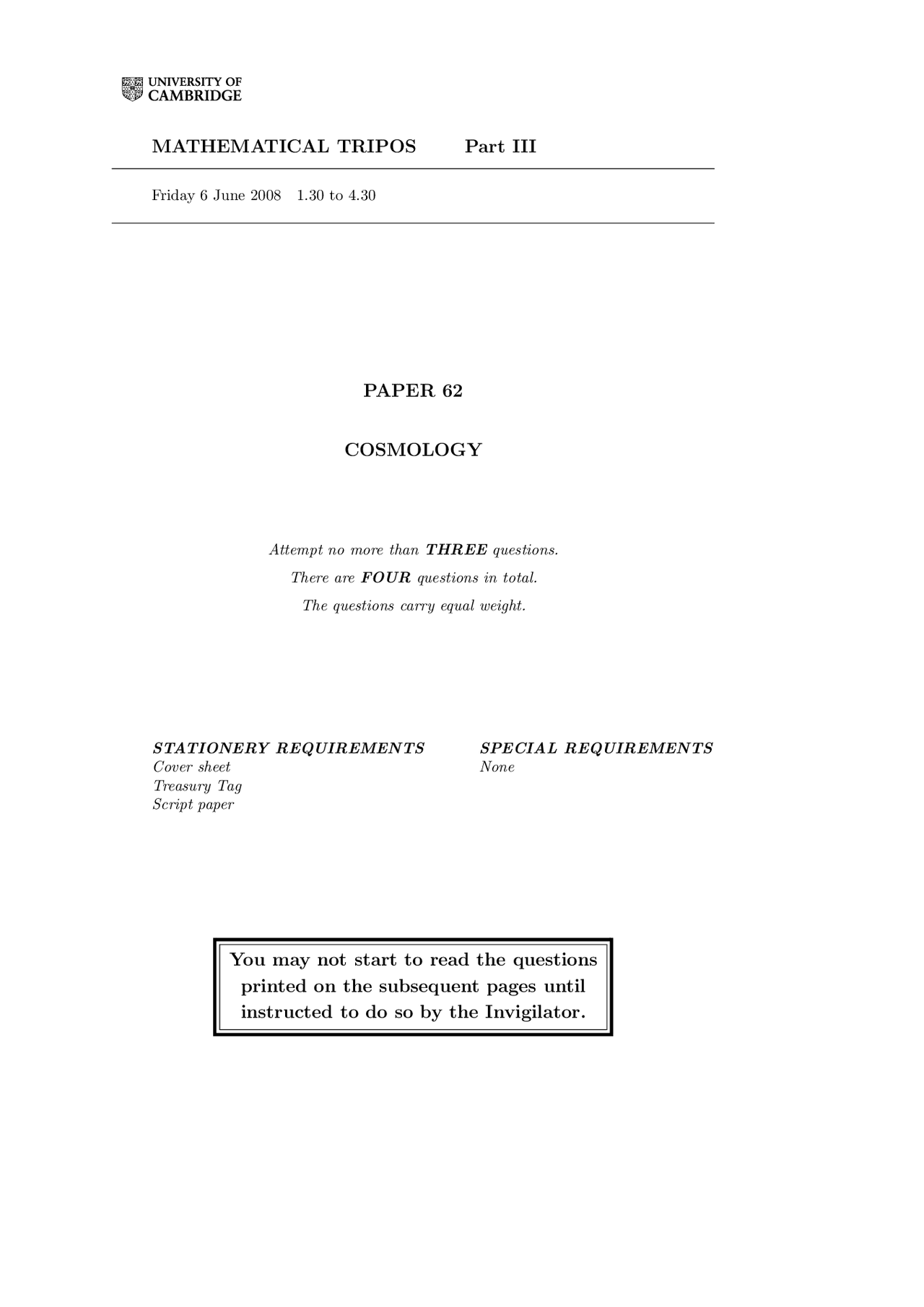 Cosmology - Mathematical Tripos - Old Exam Paper - Docsity