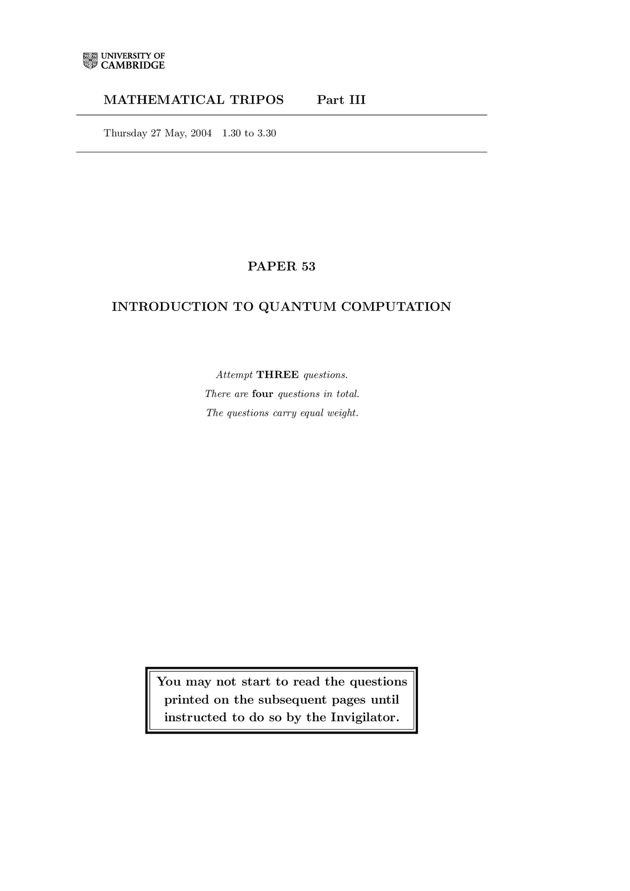 Introduction To Quantum Computation Mathematical Tripos Old Exam