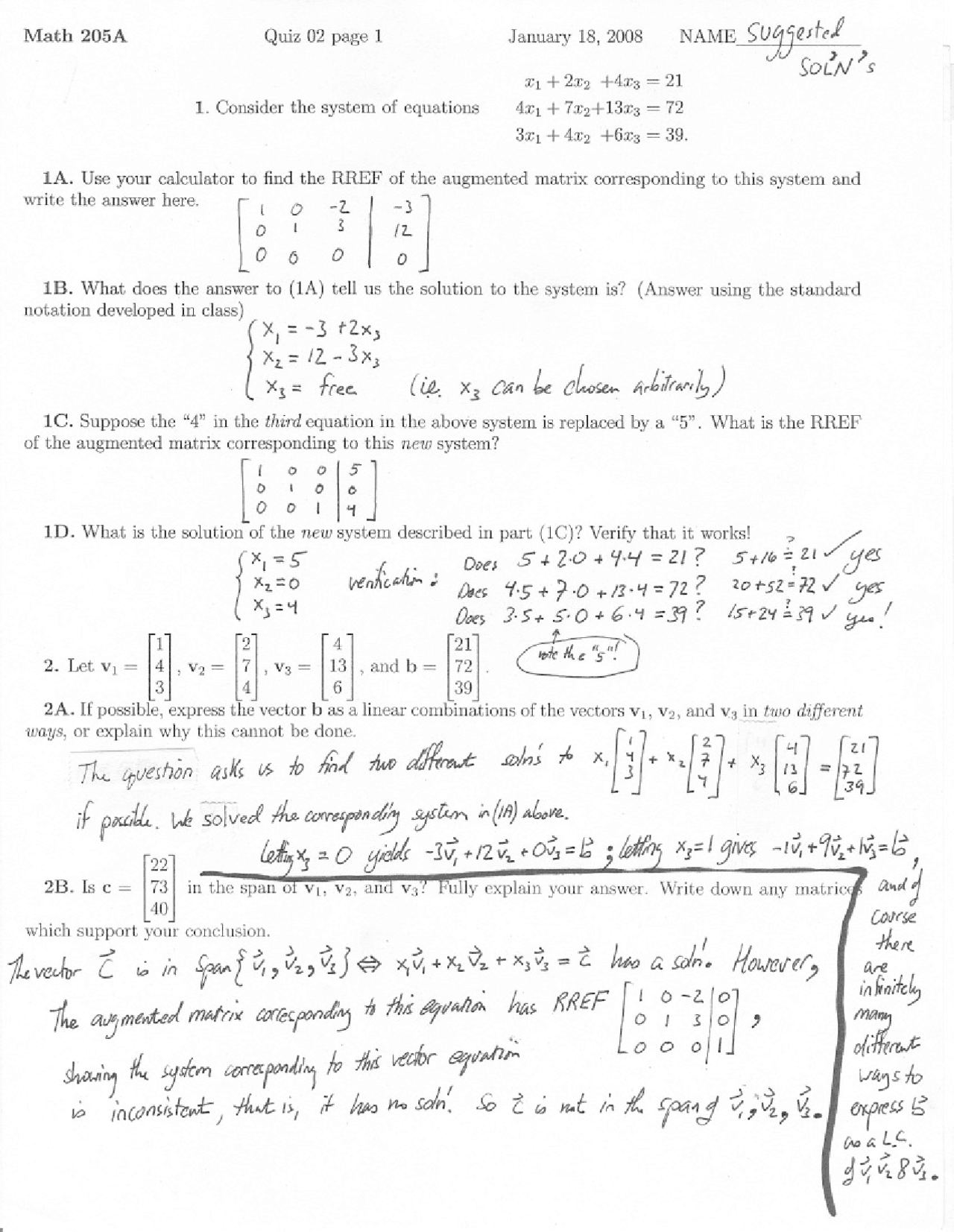 Solution Linear Algebra Quiz Solution Exercises Linear Algebra