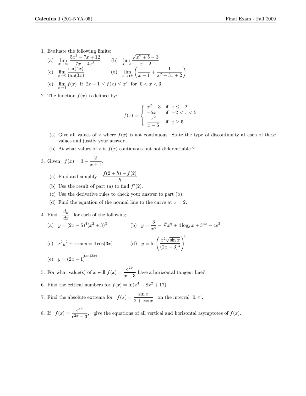 Values Calculus Science Exam Docsity