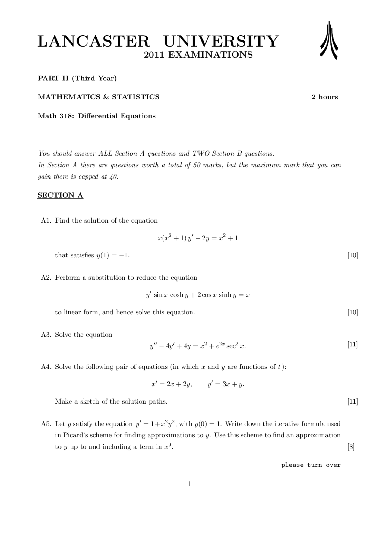 Lancaster Uni Math & Stats Exam (2011) - Part II - Math 318: Diff ...