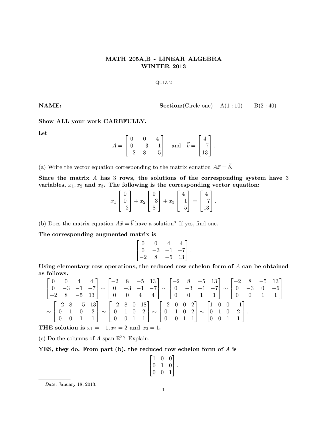 Vector Equation Linear Algebra Quiz Solution Docsity