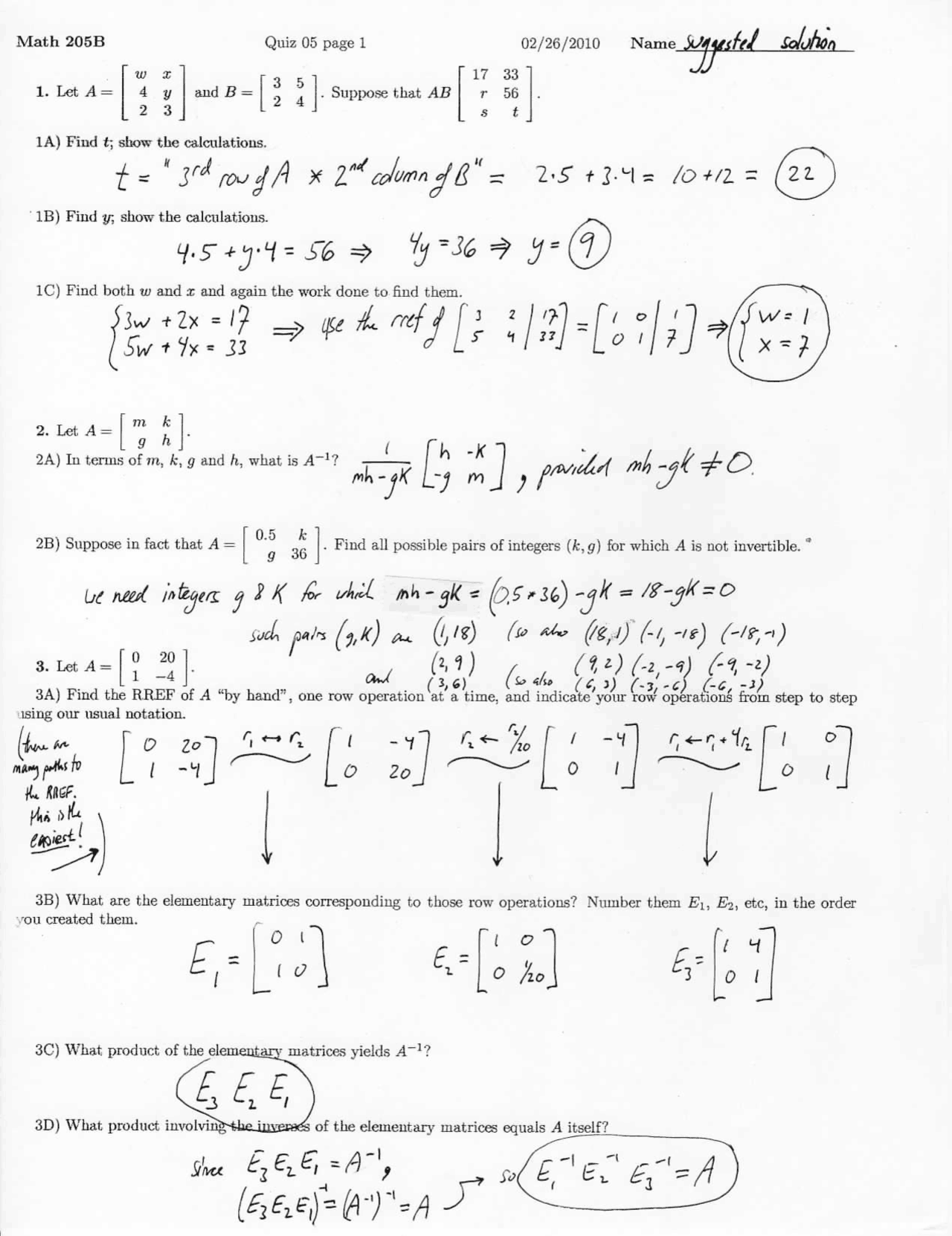Calculations Linear Algebra Quiz Solution Docsity