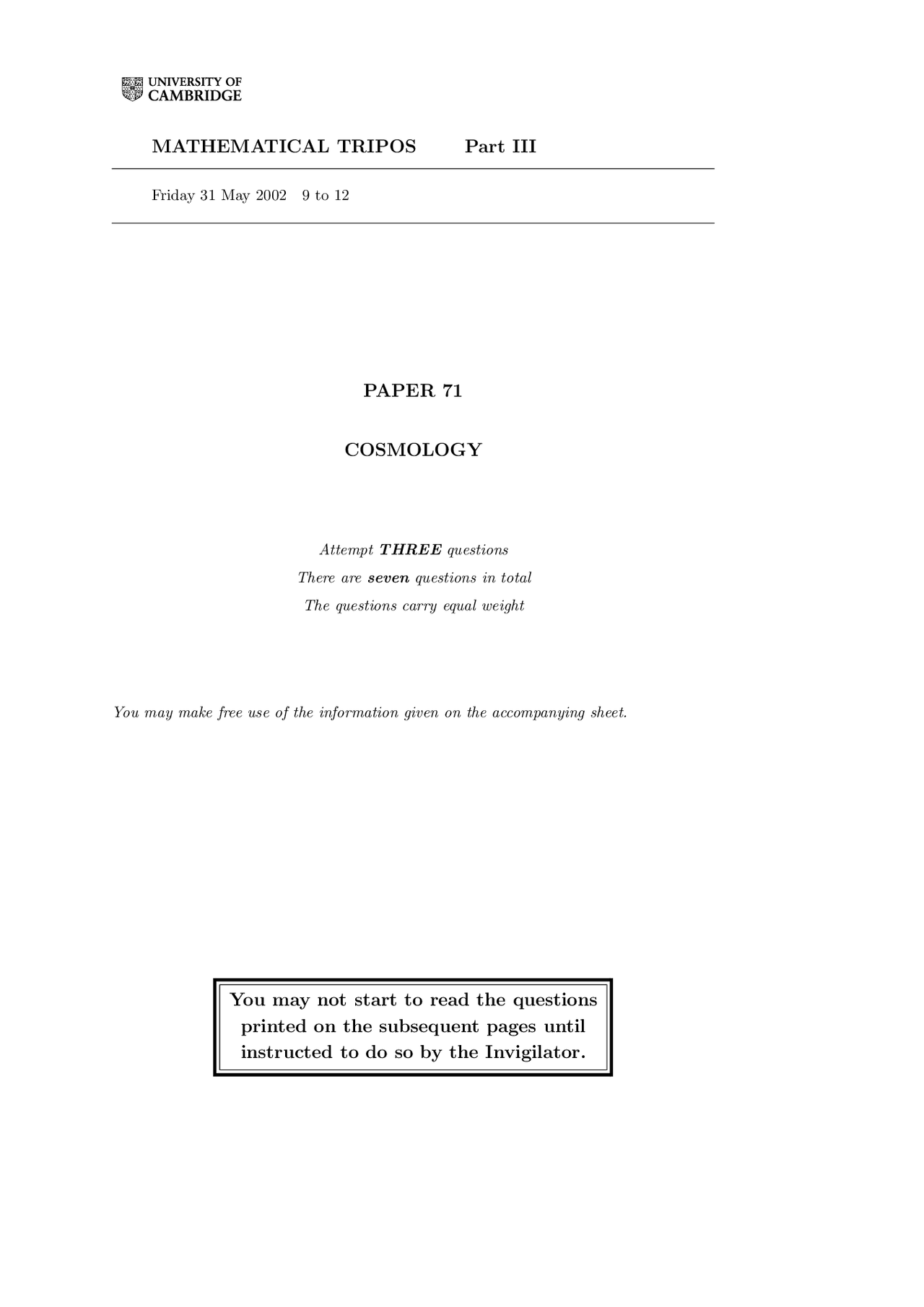 Cosmology Math Tripos Past Exam Docsity