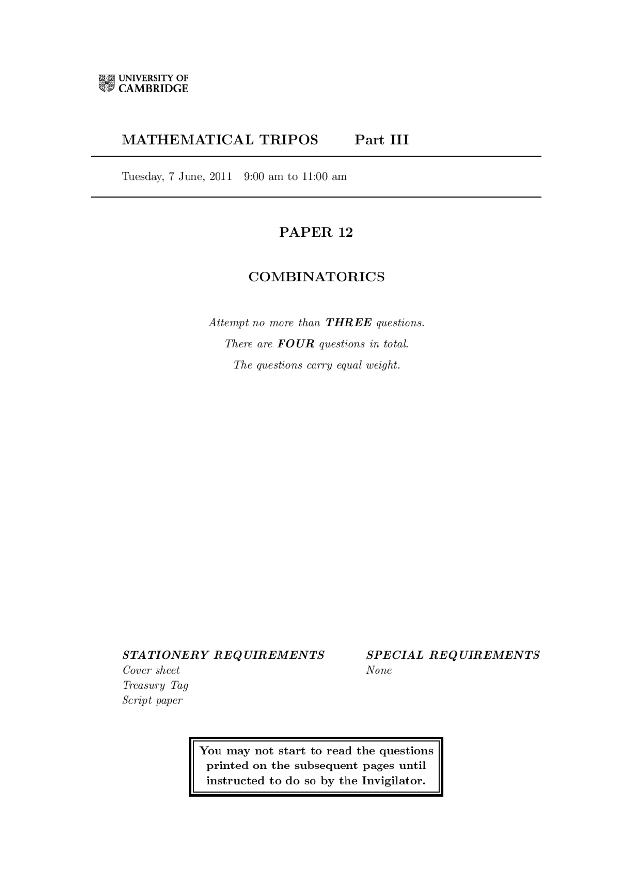 Combinatorics Mathematical Tripos Past Examination Paper Docsity