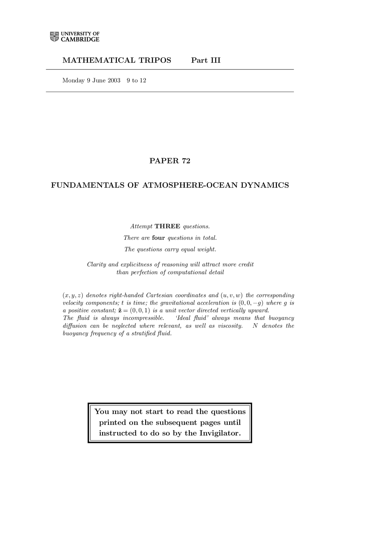 Fundamentals Of Atmosphere Ocean Dynamics Math Tripos Past Exam