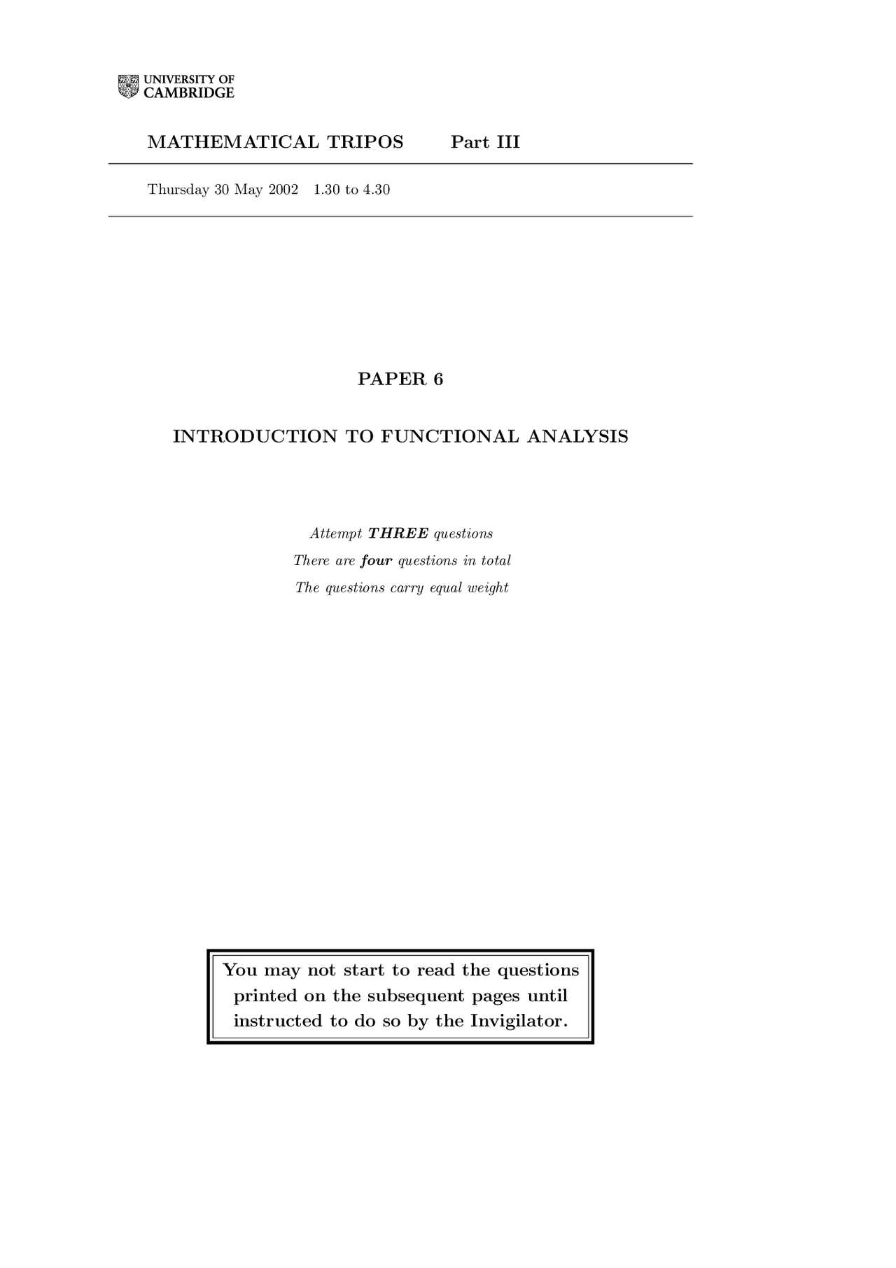 Introduction To Functional Analysis Math Tripos Past Exam Docsity