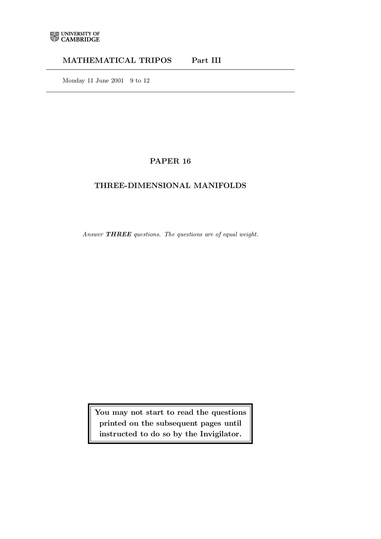 Three Dimensional Manifolds Math Tripos Exam Docsity