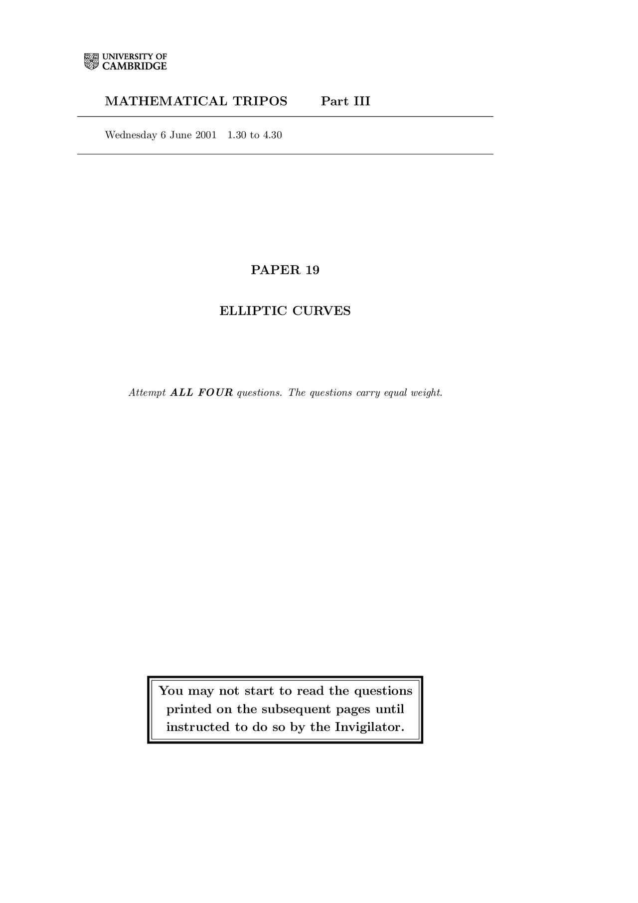 Elliptic Curves Math Tripos Exam Docsity
