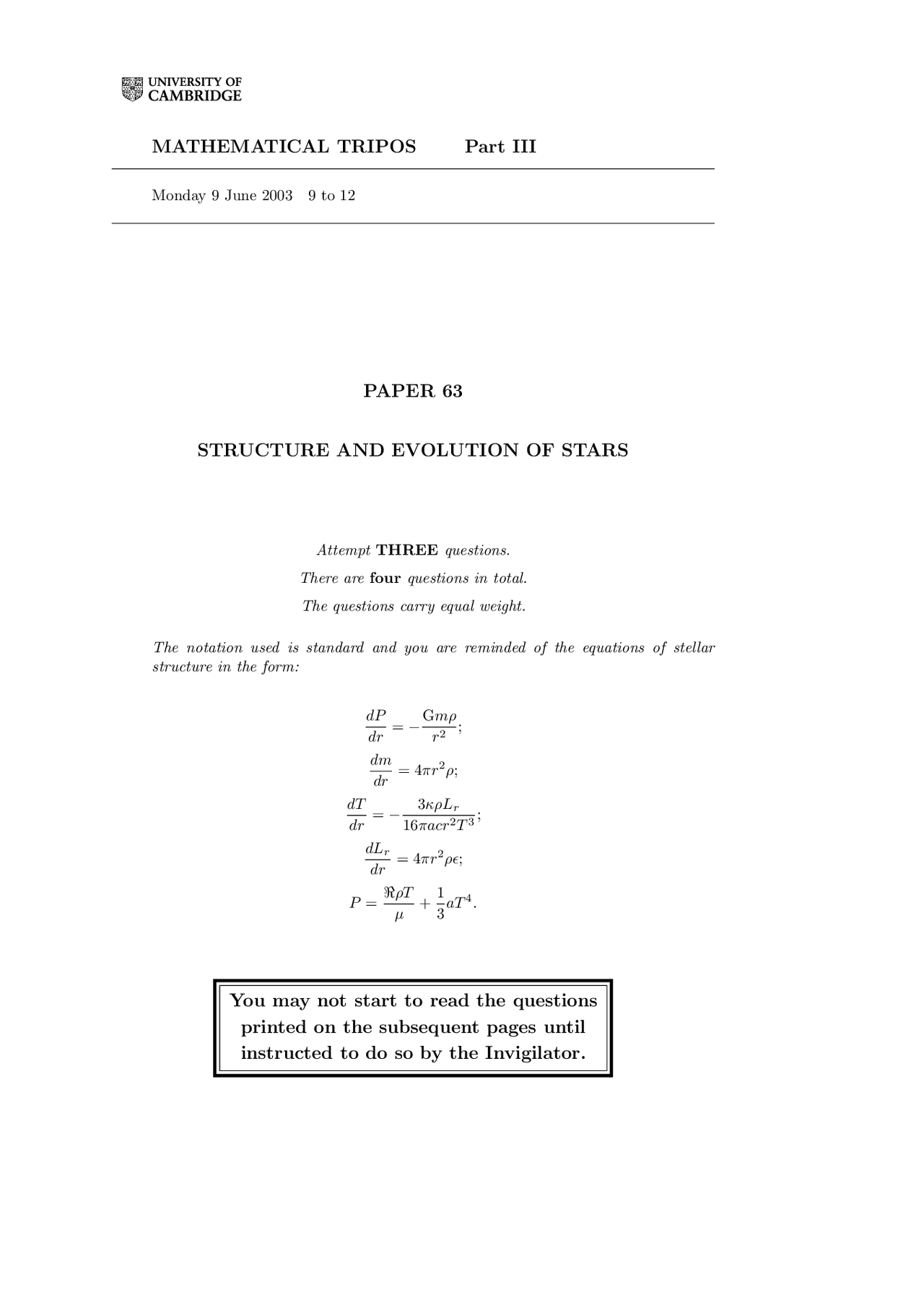 Structure And Evolution Of Stars Math Tripos Past Exam Paper Docsity