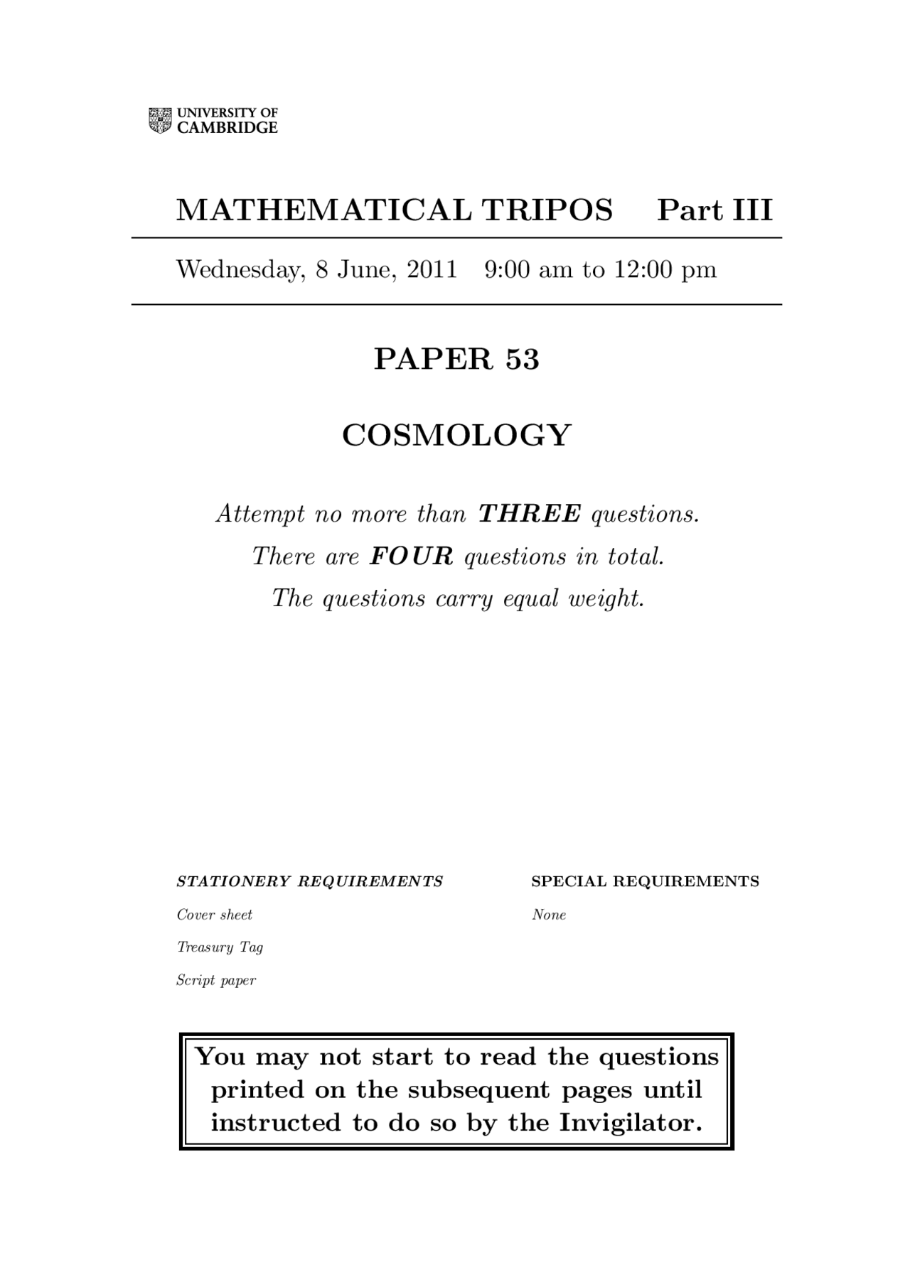 Cosmology Mathematical Tripos Past Examination Paper Docsity