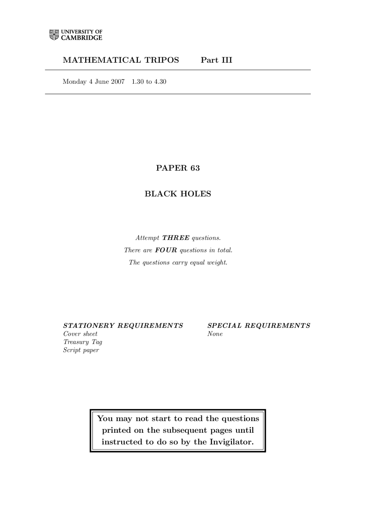 Black Holes - Mathematical Tripos - Past Exam Paper - Docsity